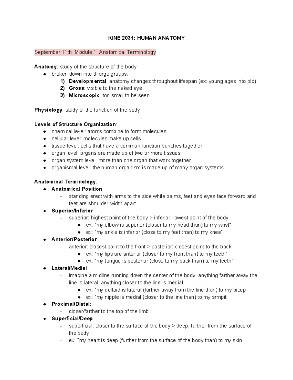 KINE 203, Modules 1-3 - KINE 2031: HUMAN ANATOMY September 11th, Module ...