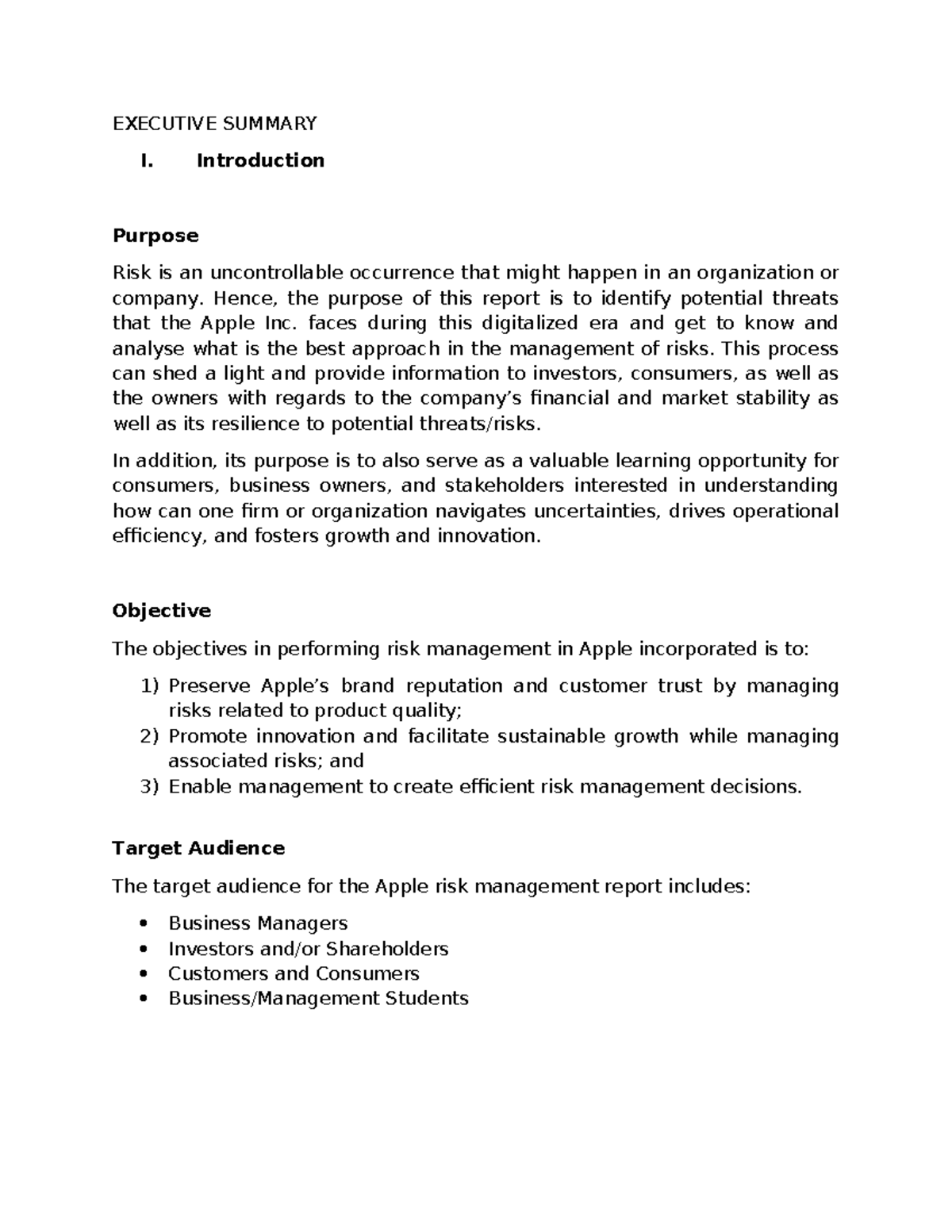 Risk - risk assessment report - EXECUTIVE SUMMARY I. Introduction ...