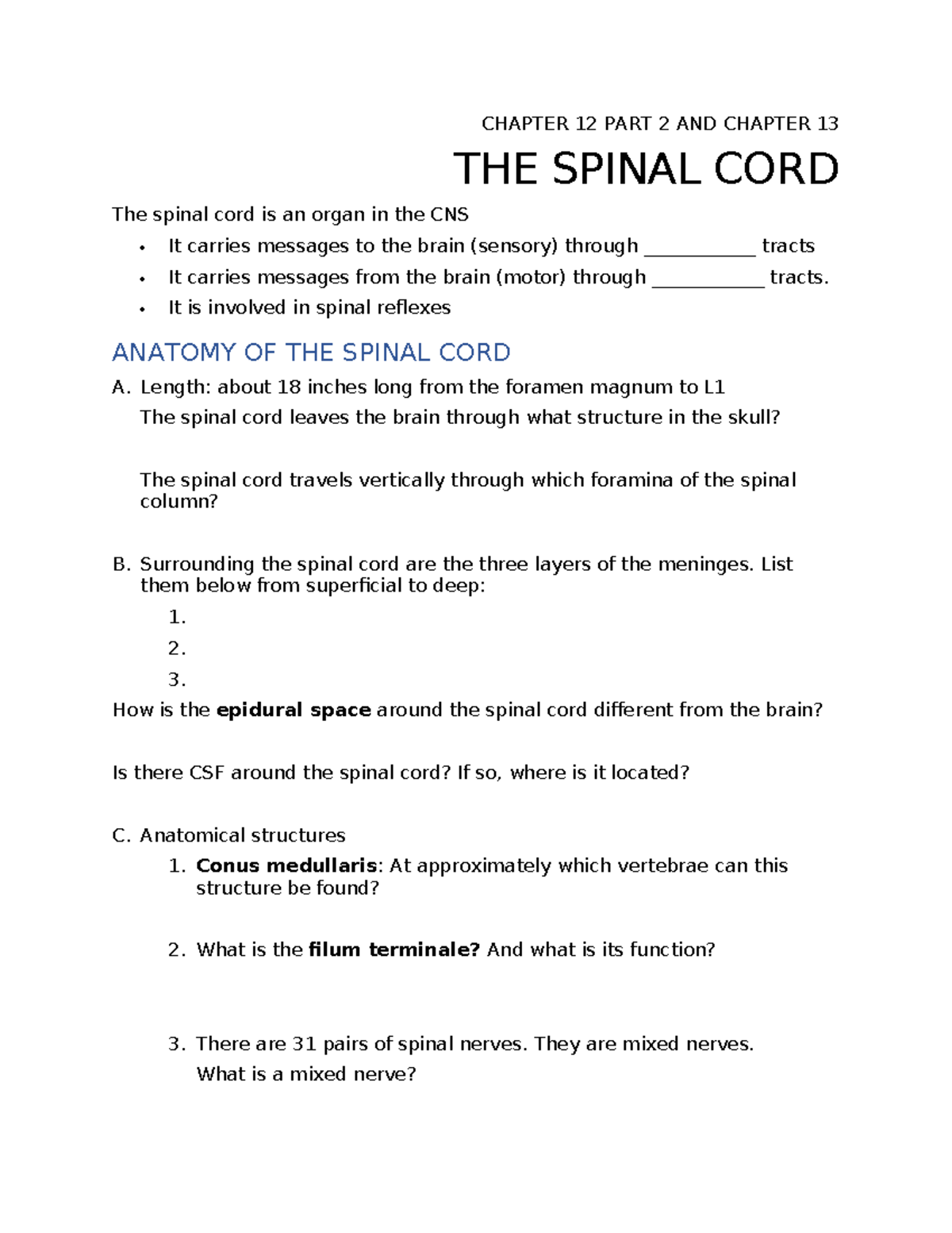 Ch 12-13 Review - CHAPTER 12 PART 2 AND CHAPTER 13 THE SPINAL CORD The ...