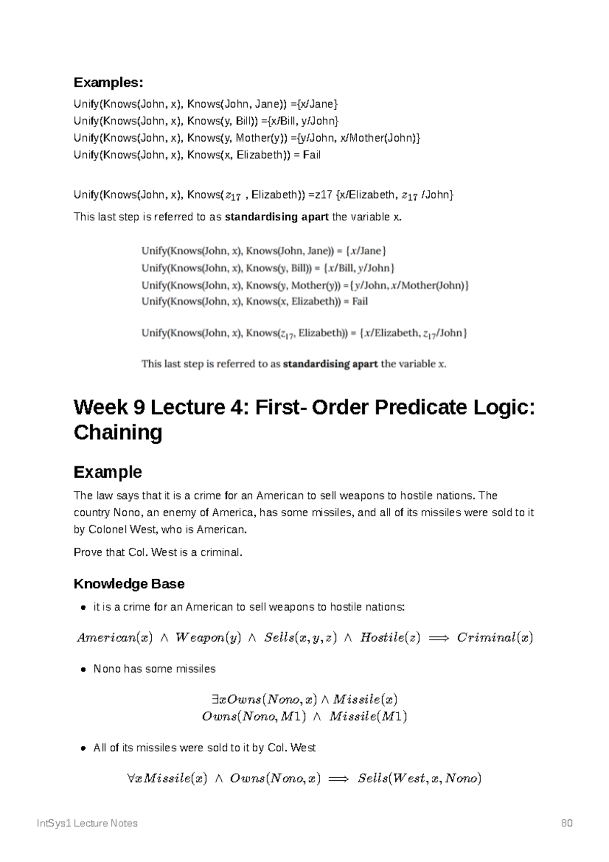 9 - First- Order Predicate Logic: Chaining - Examples: Unify(Knows(John ...