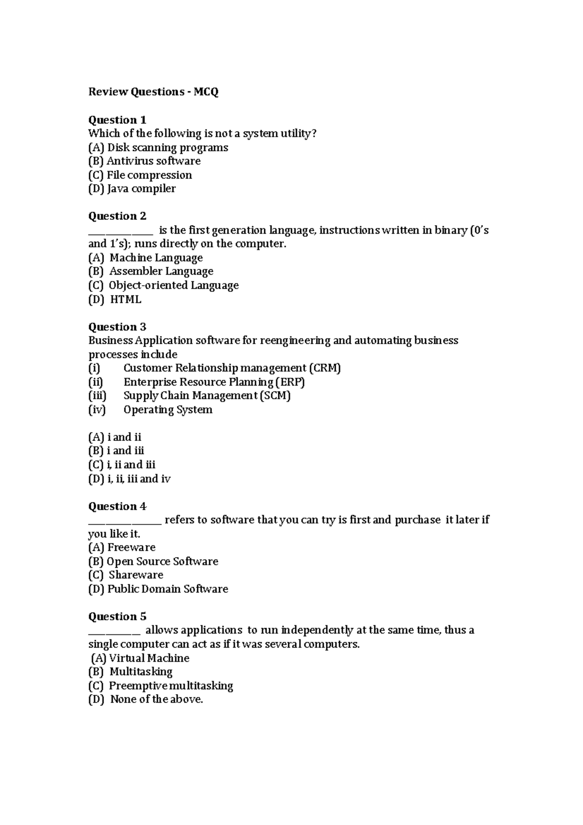Topic 03 Tutorial Computer Software Questions - Review Questions - MCQ ...