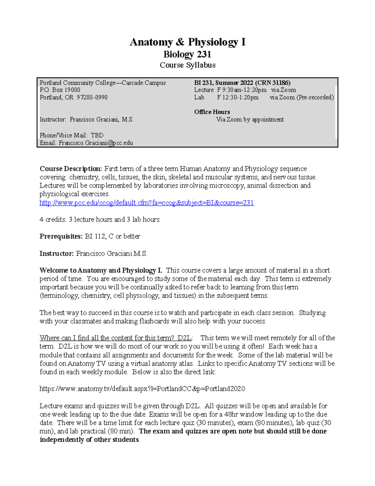 BI 231 Syllabus thurs section-Summer 2022 - Anatomy & Physiology I ...