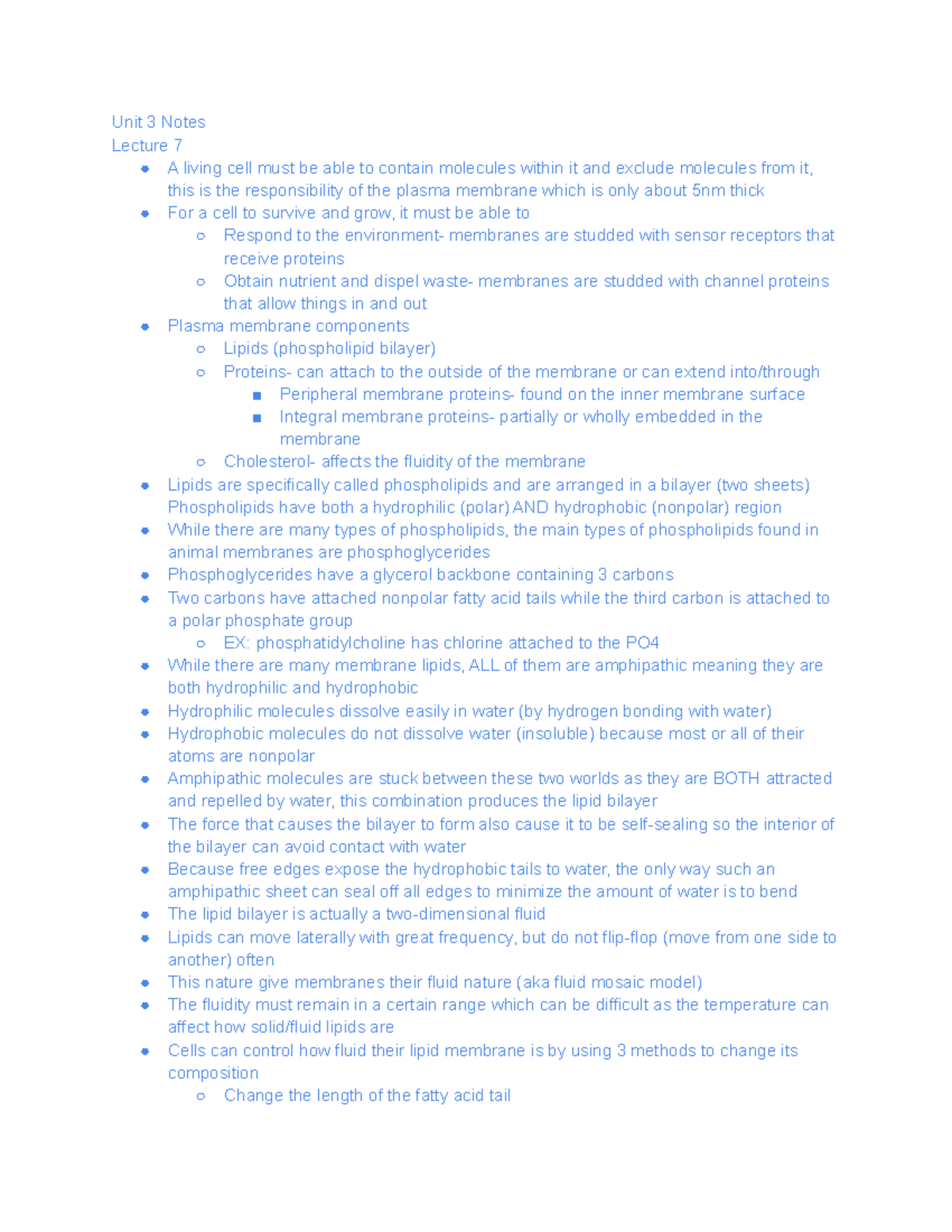 Unit 3 Notes - Unit 3 Notes Lecture 7 A living cell must be able to ...