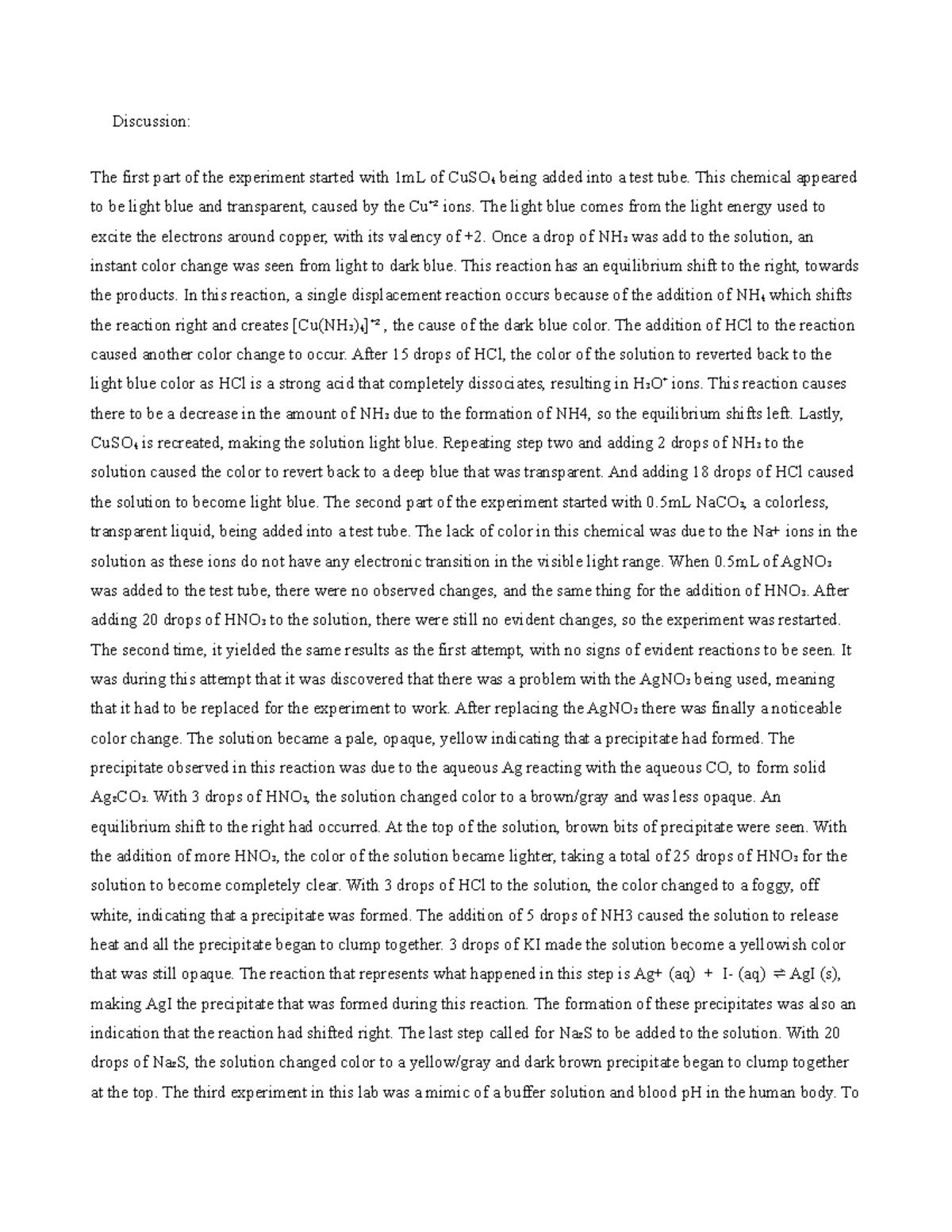 Chem lab #3 equilibrium discussion - Discussion: The first part of the ...