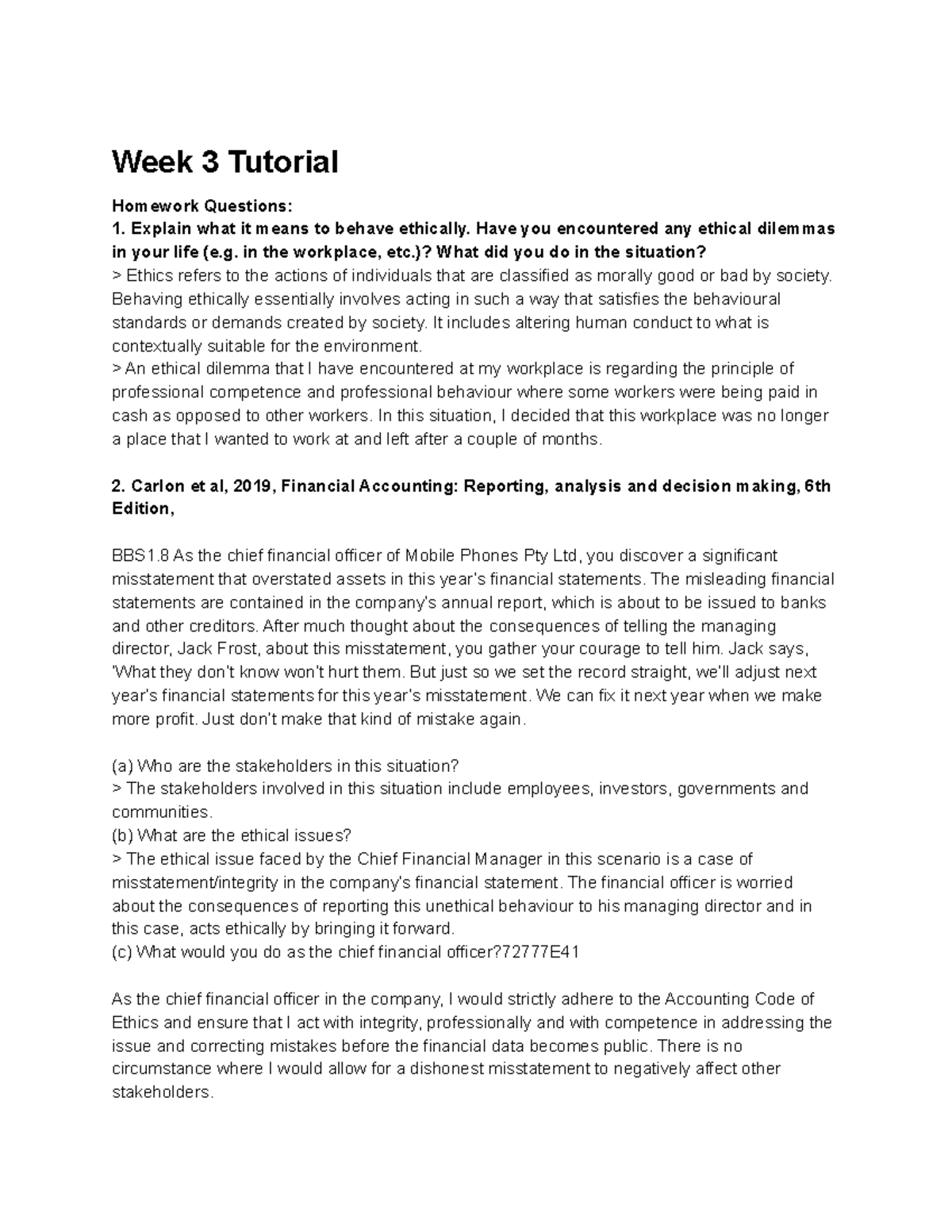 ACCG1000 Tutorial Homework Wk 1-4 - Week 3 Tutorial **Homework ...