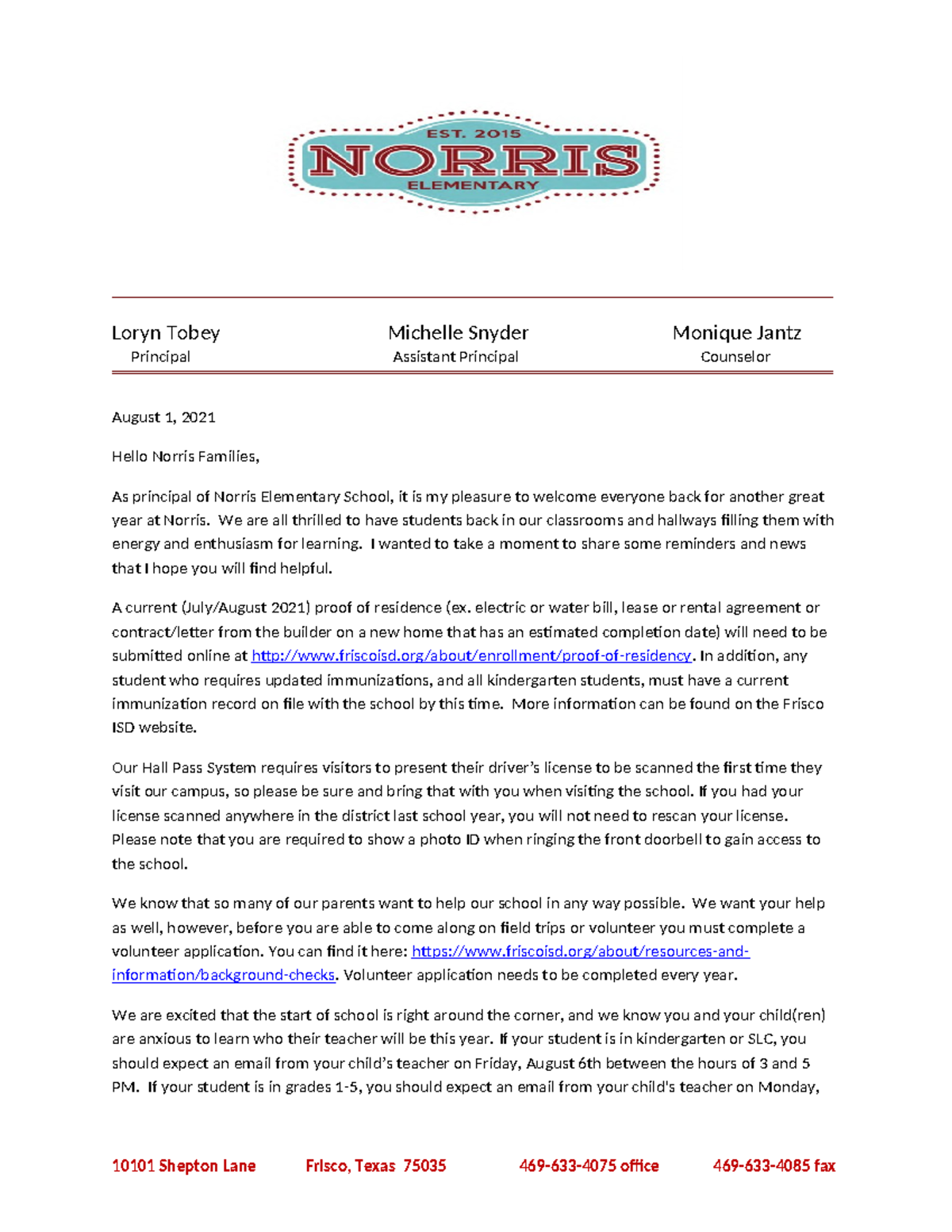 21 August Parent Letter - Loryn Tobey Michelle Snyder Monique Jantz ...