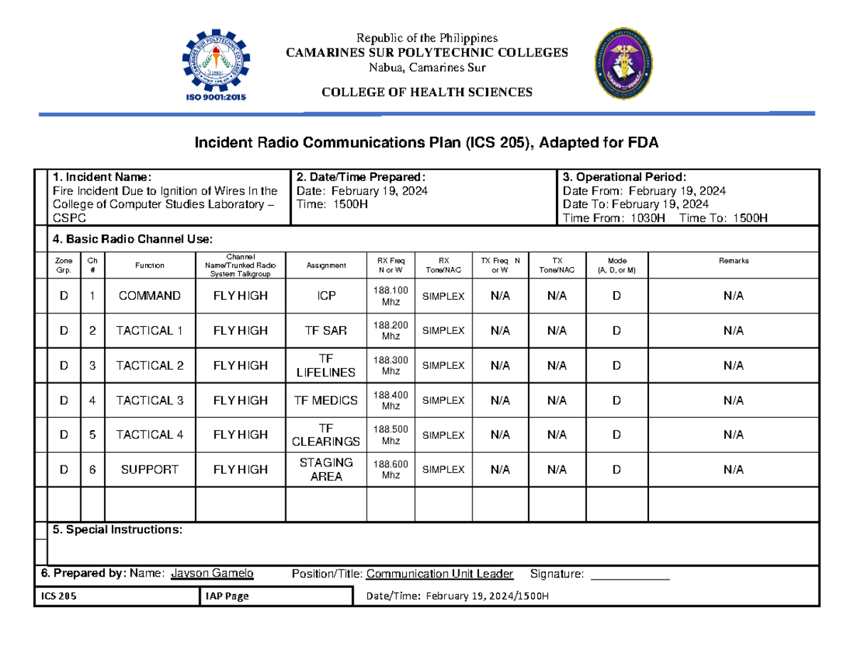 ICS-205 Incident- Radio- Communication-PLAN- Gamelo - Republic of the ...