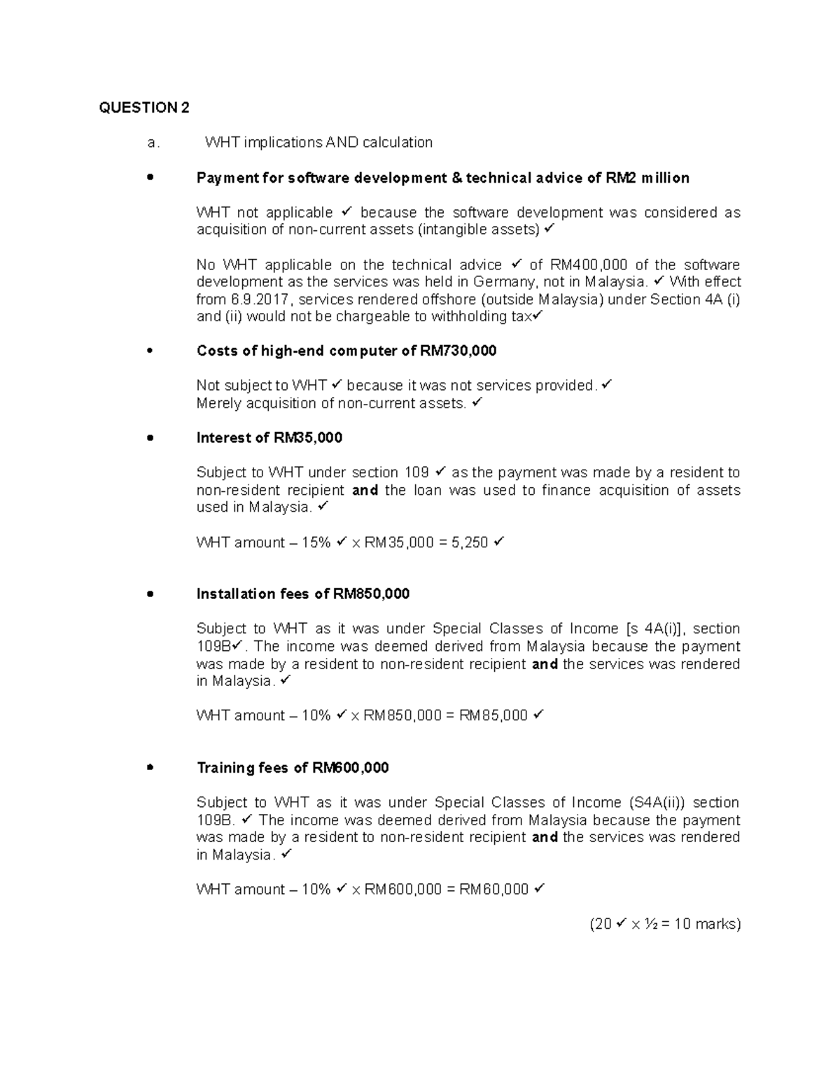 Answer TAX317 Test 2 - QUESTION 2 a. WHT implications AND calculation ...