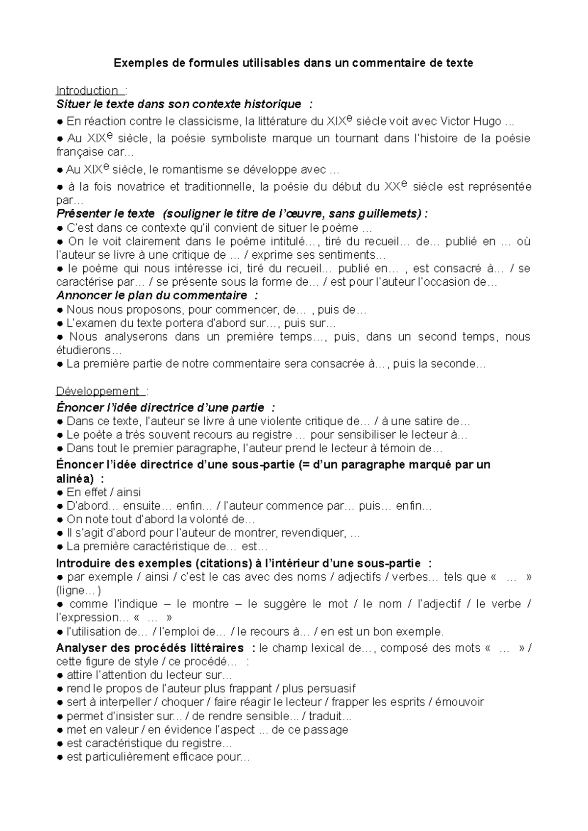 Formules pour commenter un texte - Exemples de formules utilisables dans un commentaire de texte ...