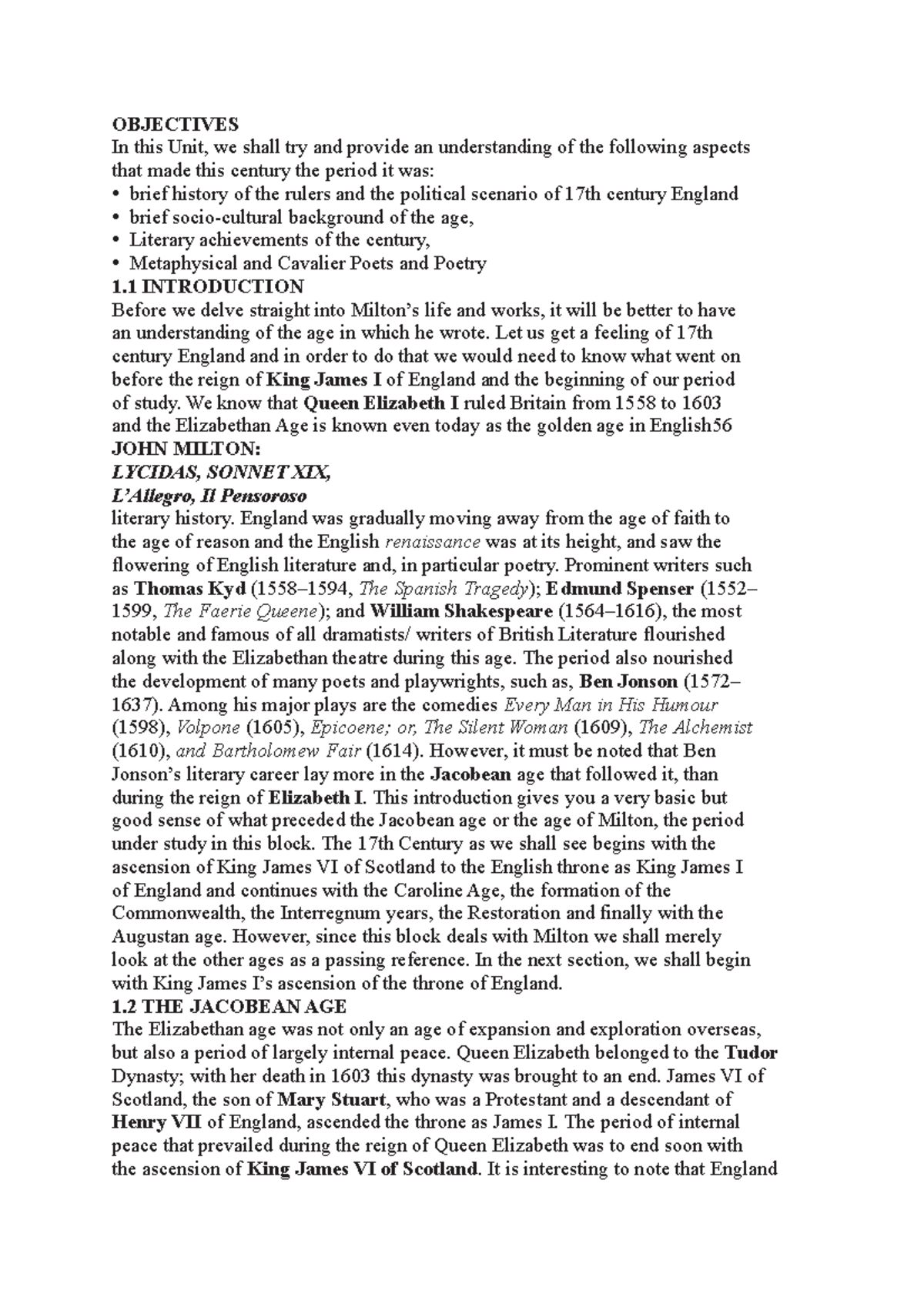 AN Introduction TO THE Literary Period OF THE 17TH Century - OBJECTIVES ...