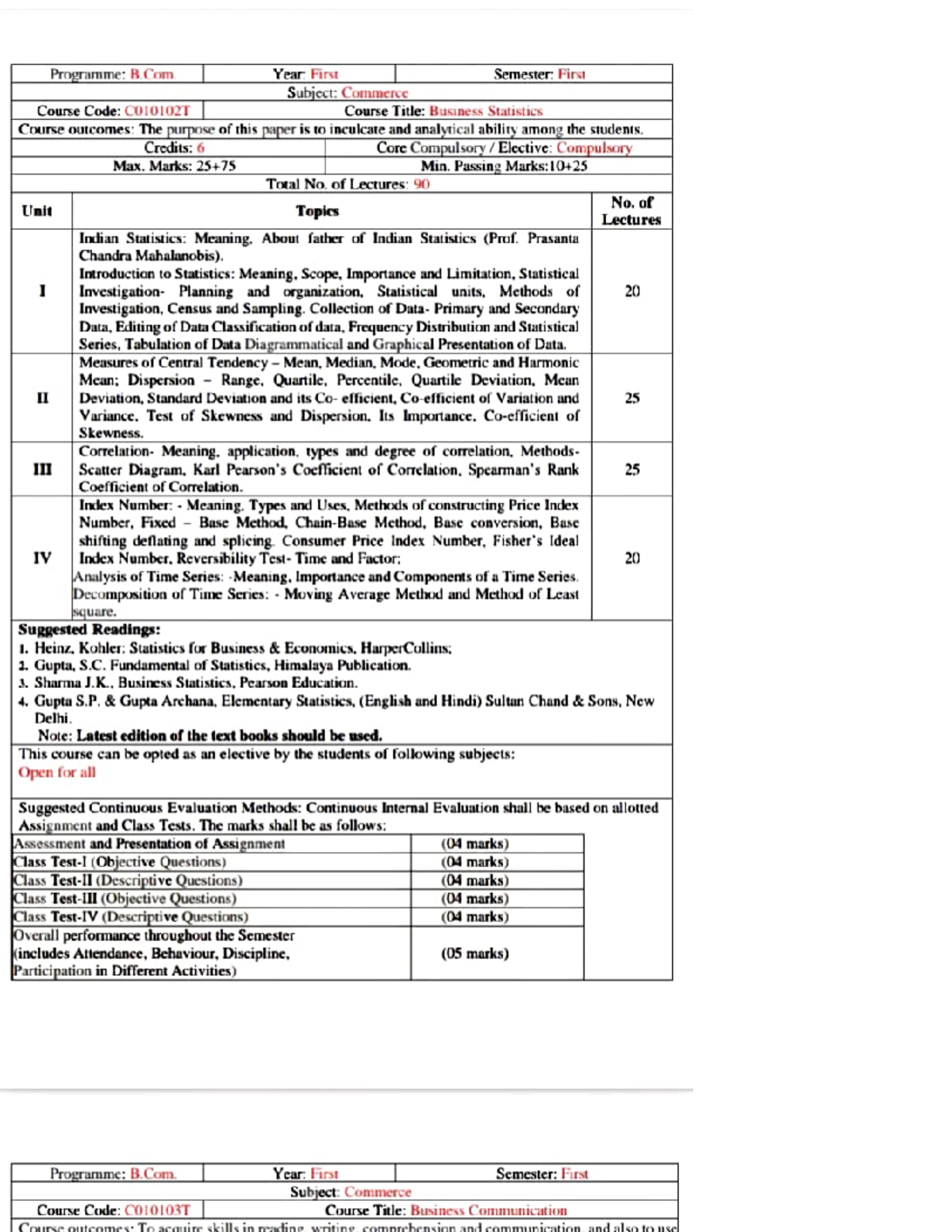 Business statistics 1st semmester syllabus - Year: First Subject ...