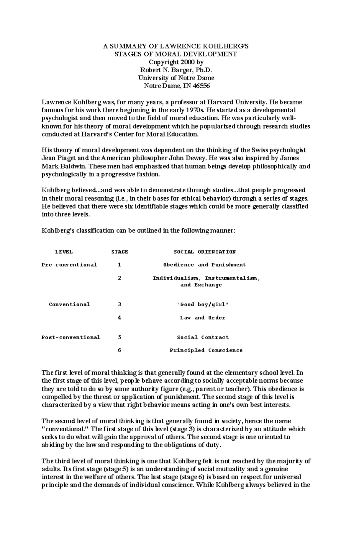 A Summary OF Lawrence Kohlberg - A SUMMARY OF LAWRENCE KOHLBERG'S ...