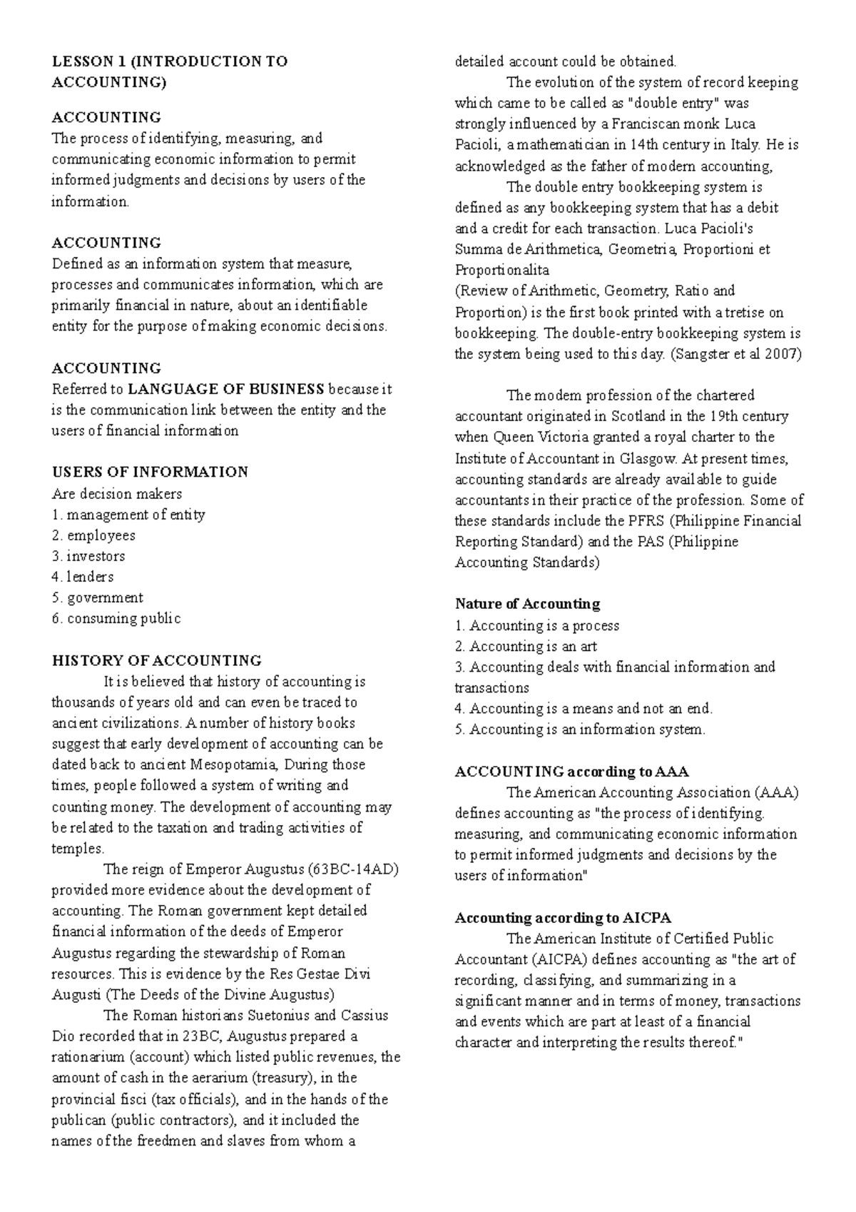 Accounting - N/A - LESSON 1 (INTRODUCTION TO ACCOUNTING) ACCOUNTING The ...