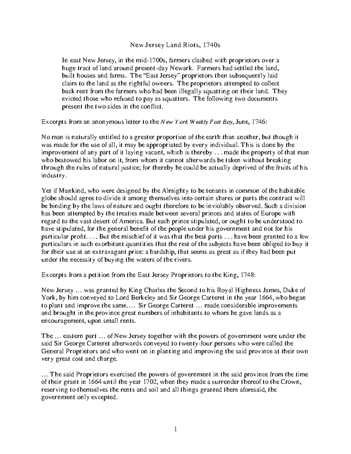 1740s NJRiots - These are lecture notes on my seminar of American ...