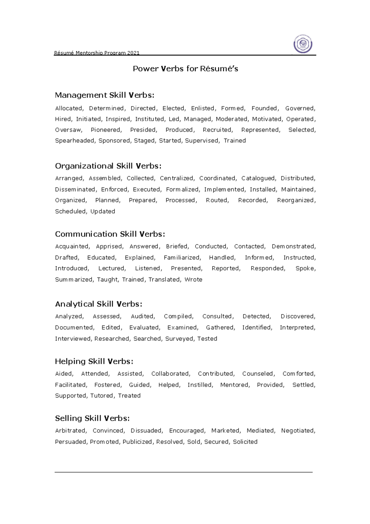 Power Verbs List - Power Verbs for Résumé’s Management Skill Verbs ...