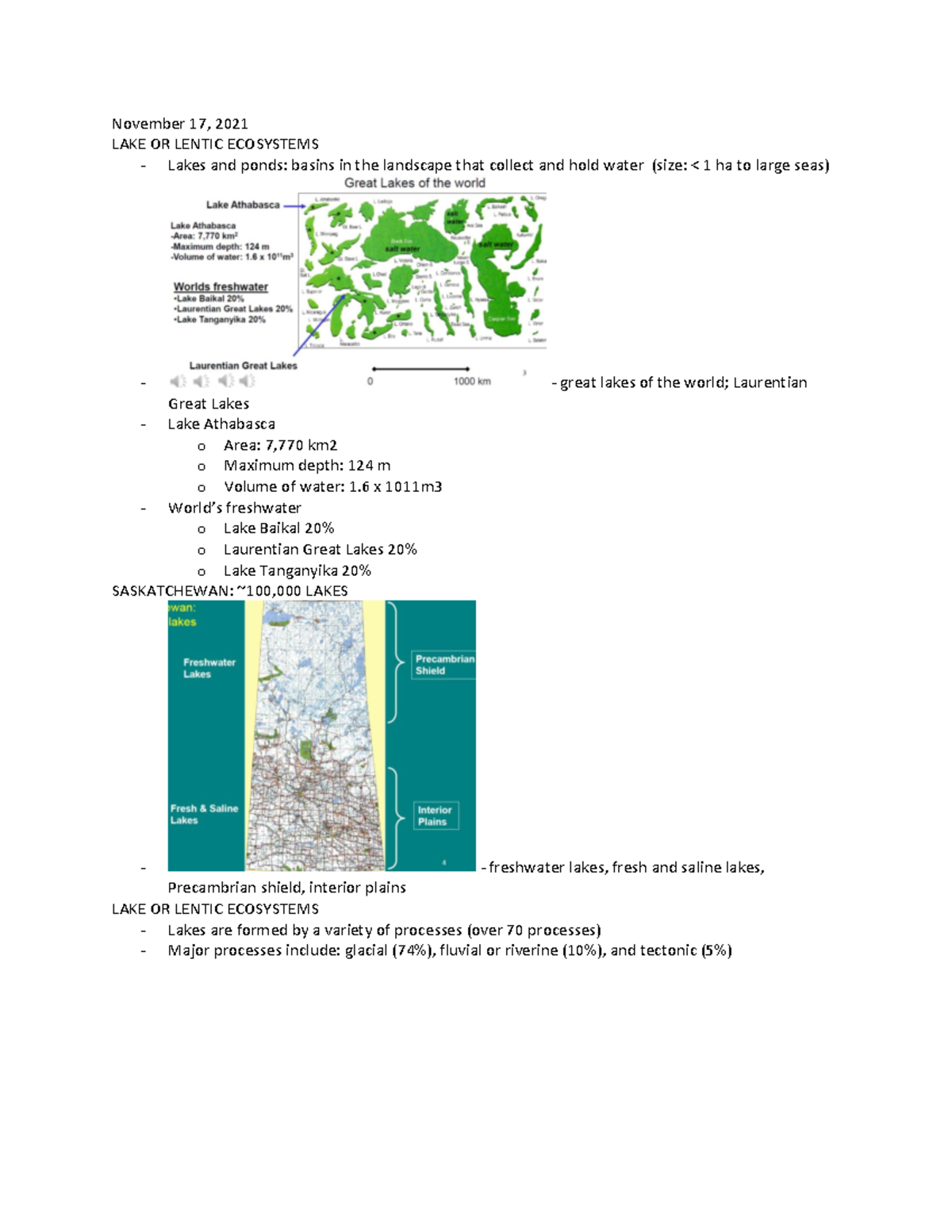 November 17 - lake or lentic ecosystems, physical structure, thermal ...