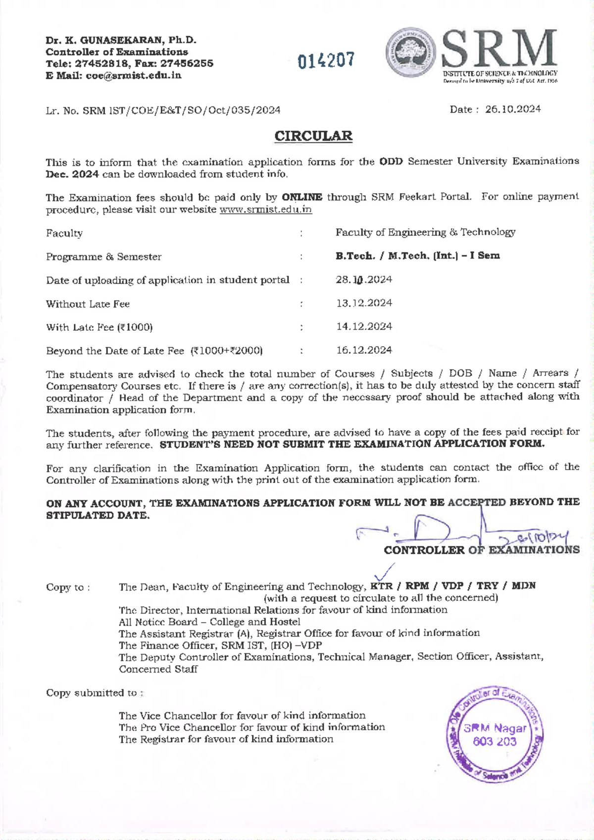B.Tech and M.Tech (Int)-1st sem-Exam Fees Circular -Dec 2024 - Dr. K ...