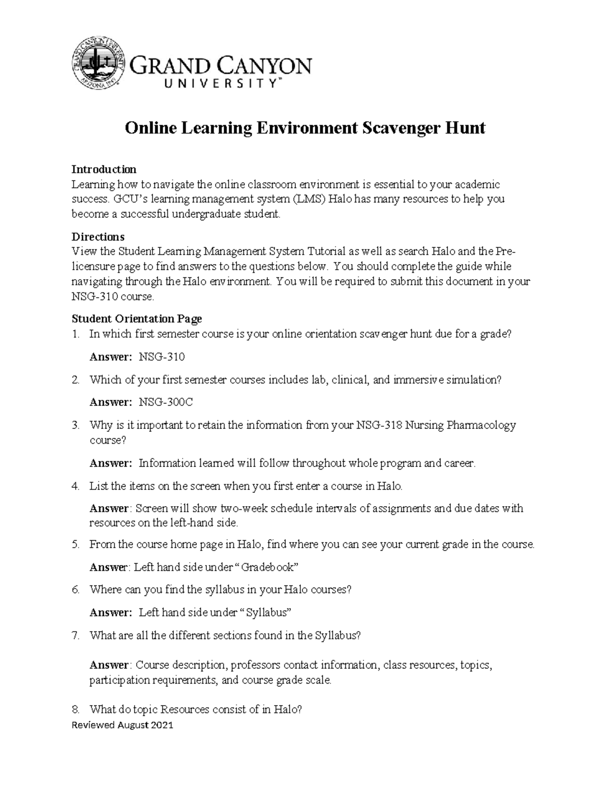310 Scavenger Hunt Worksheet - Online Learning Environment Scavenger ...
