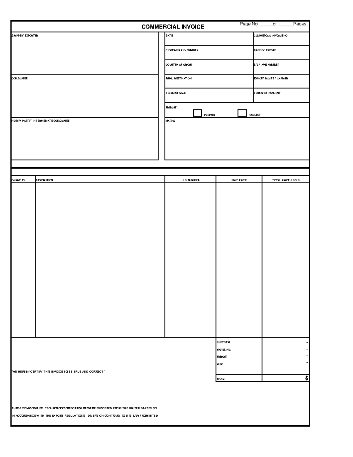 Blank- Comercial- Invoice - COMMERCIAL INVOICE Page No. _____of ...