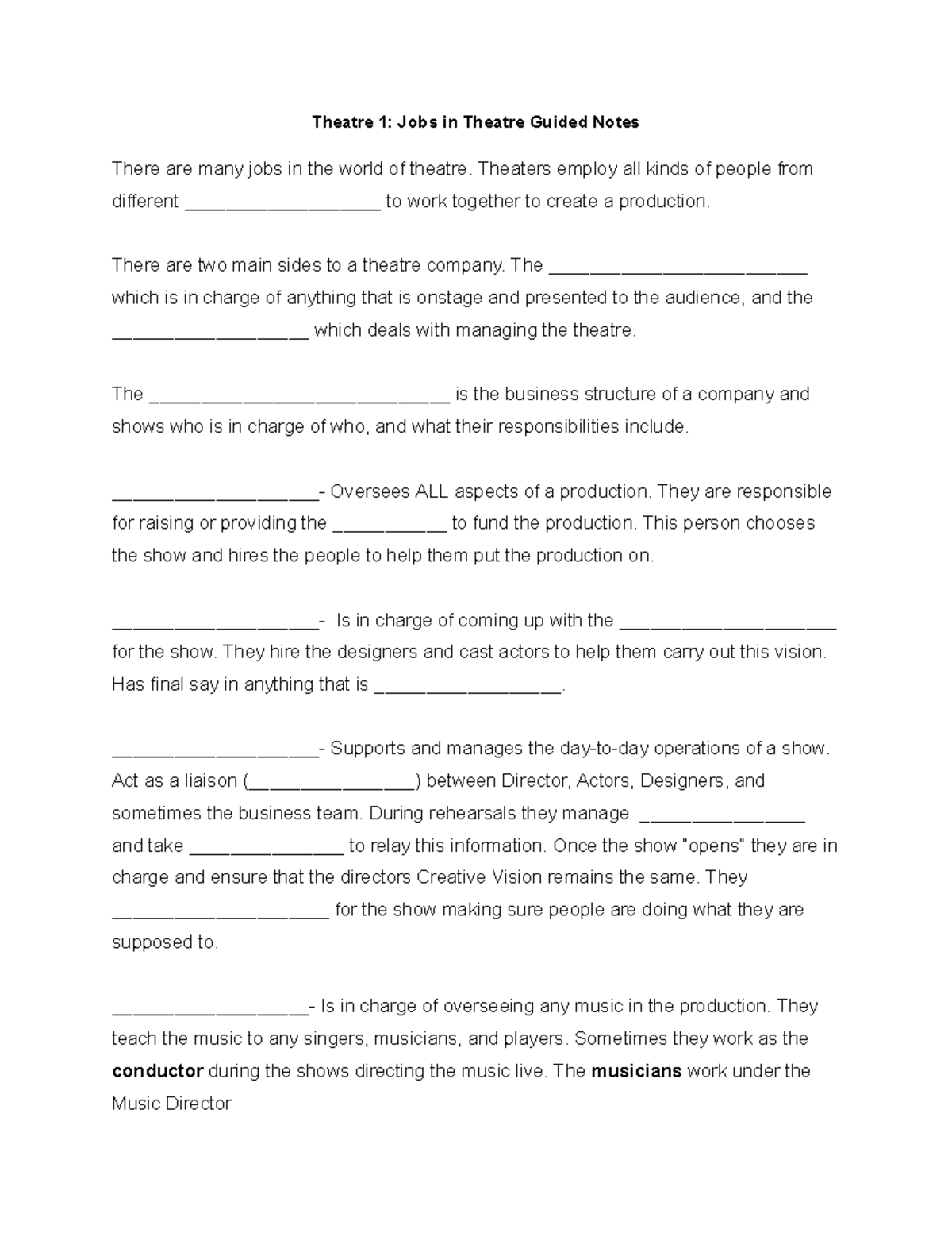 Theatre 1 Jobs in Theatre Guided Notes - Google Docs - Theatre 1: Jobs ...