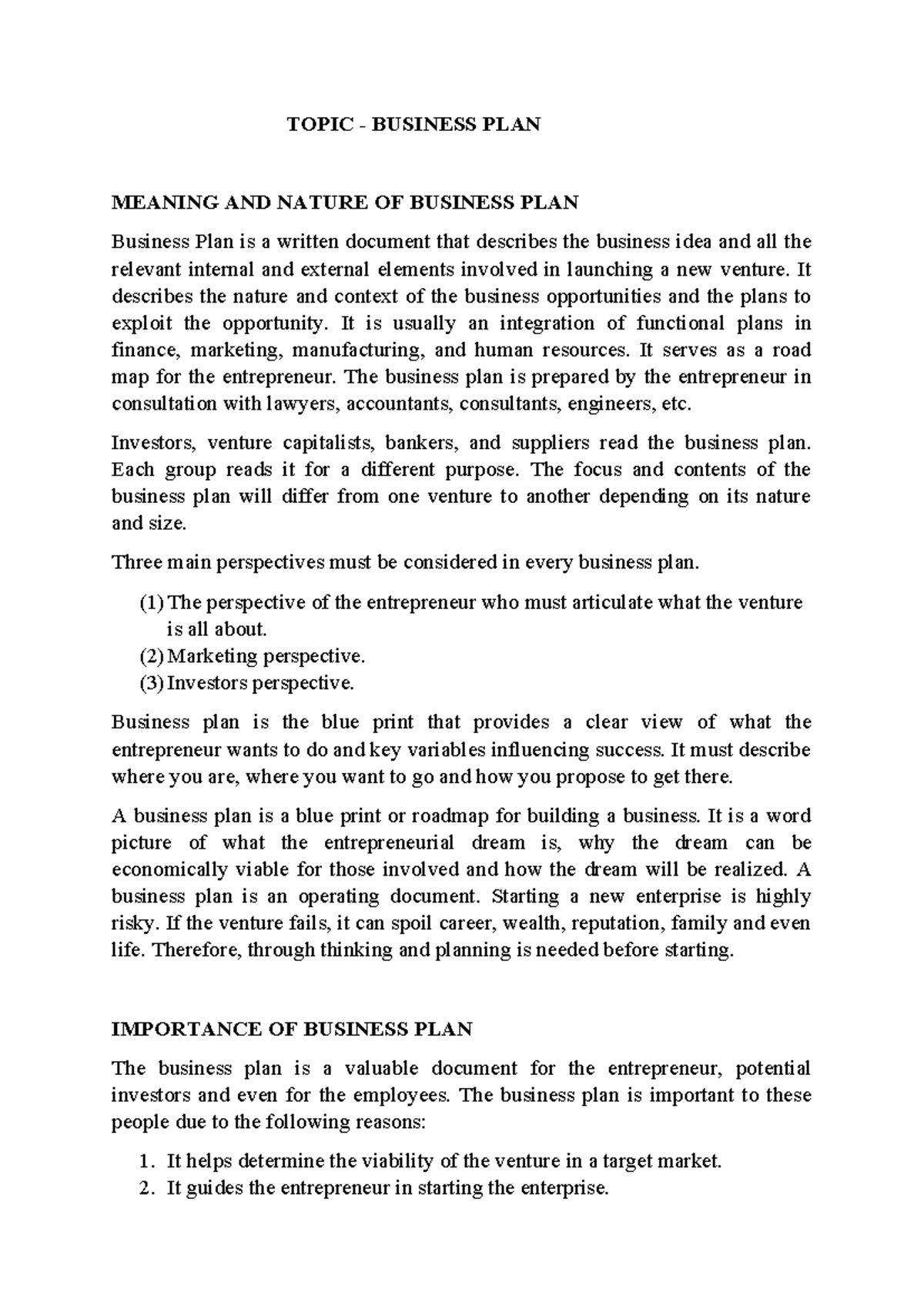 Business plan - TOPIC - BUSINESS PLAN MEANING AND NATURE OF BUSINESS ...