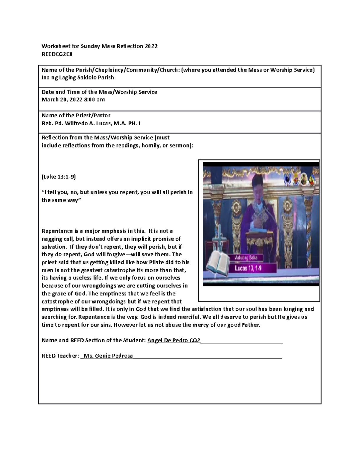 DE Pedro Sunday-Mass-Reflection - Worksheet for Sunday Mass Reflection ...