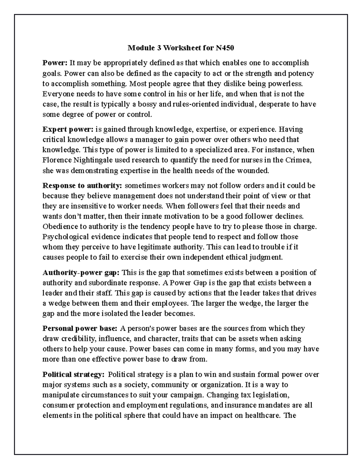Module 3 Worksheet for N450 - Module 3 Worksheet for N Power: It may be ...