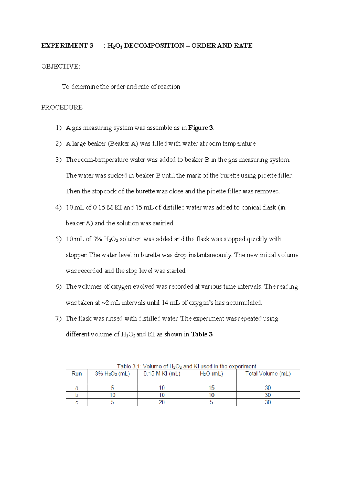 Experiment 3 - EXPERIMENT 3 : H2O2 DECOMPOSITION – ORDER AND RATE ...
