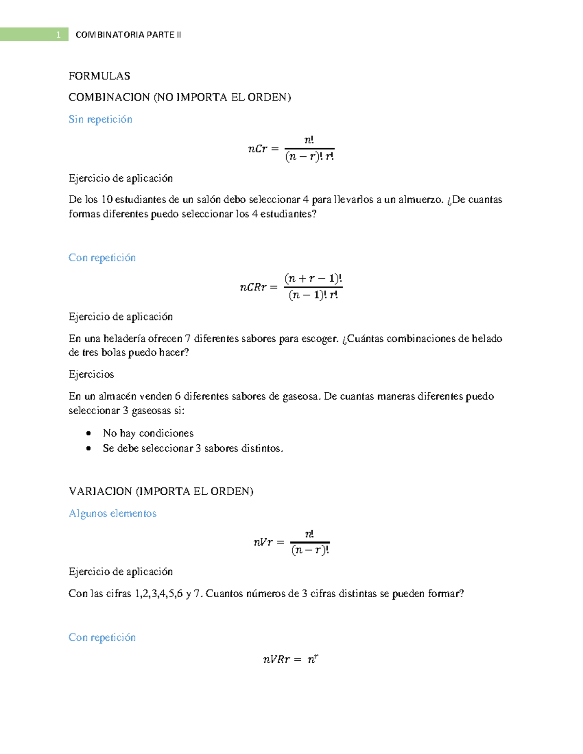 Combinatoria Parte 2 - ahejdjdjsj - FORMULAS COMBINACION (NO IMPORTA EL ...