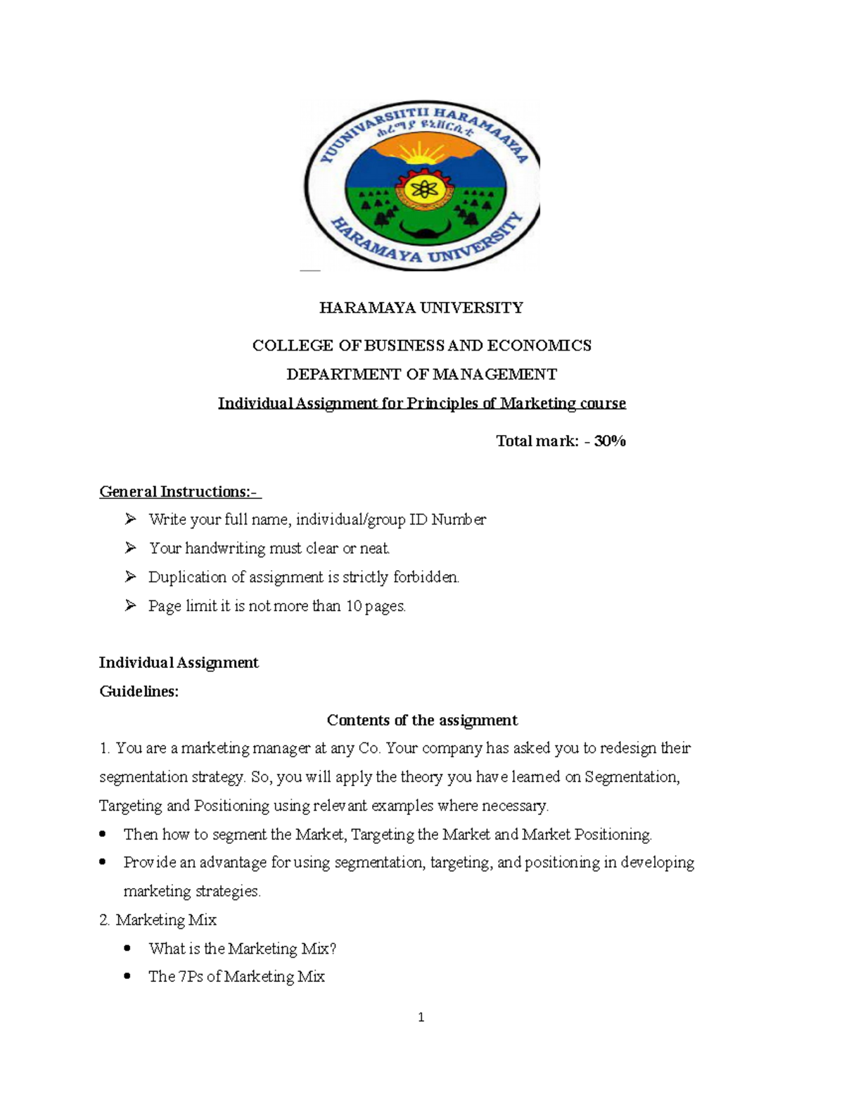 Principles of Marketing Assignment - HARAMAYA UNIVERSITY COLLEGE OF ...