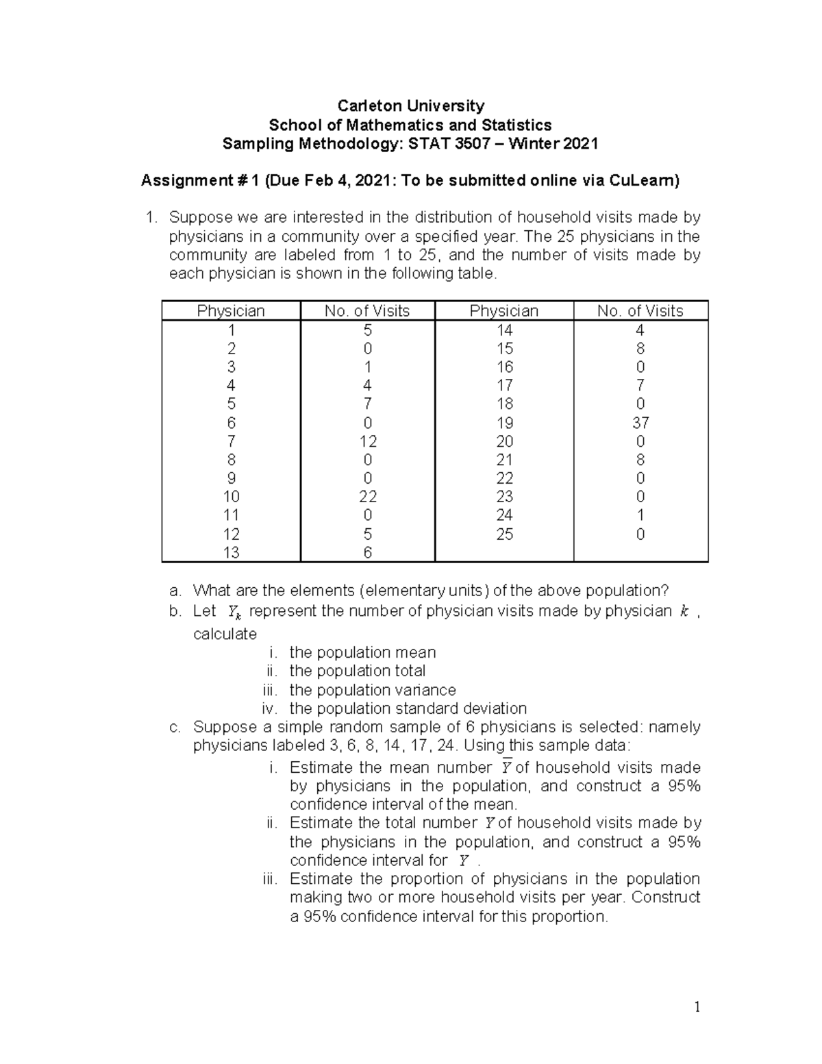 Assignment 1-Winter 2021 - 1 Carleton University School of Mathematics ...