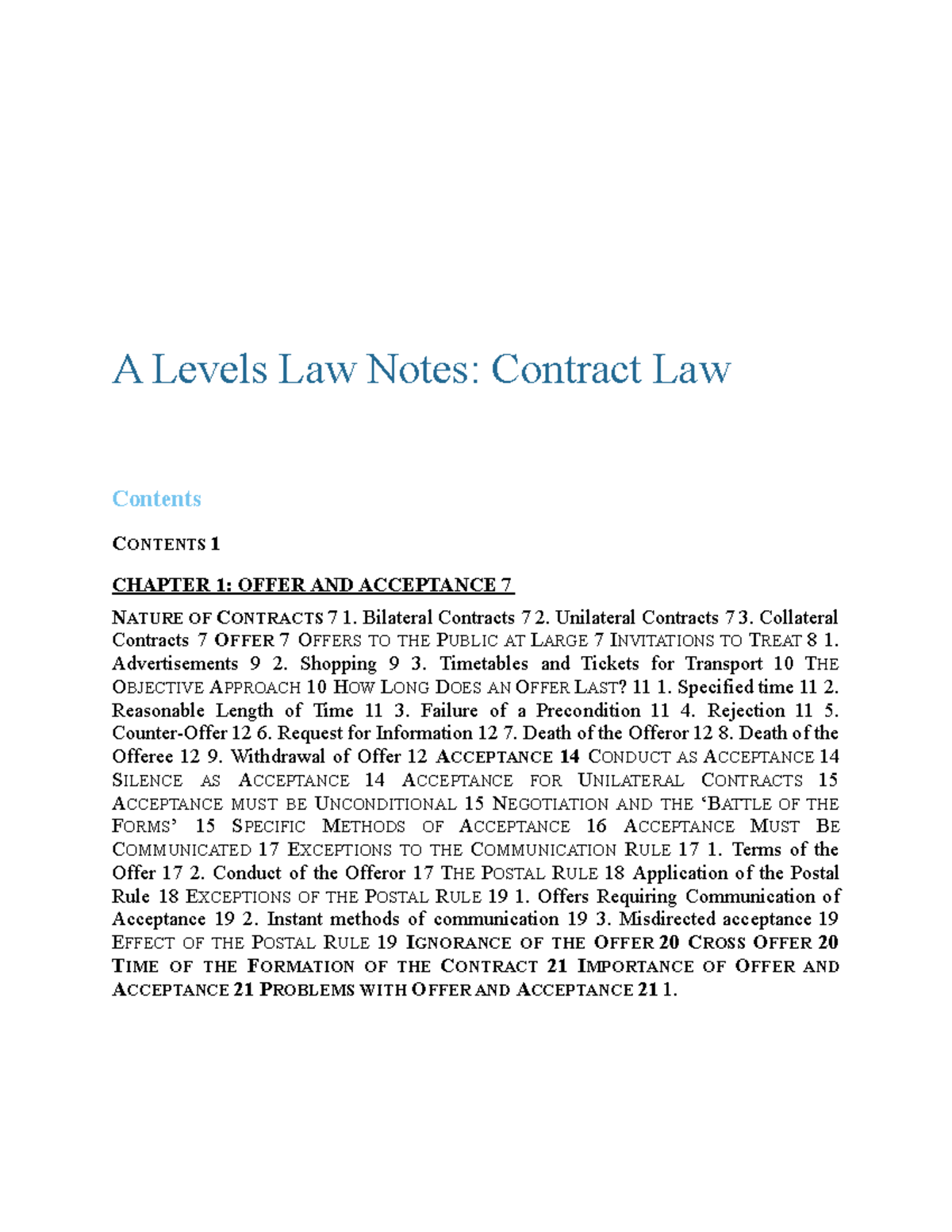 LAW 002 v01 - Lecture notes 1 - A Levels Law Notes: Contract Law ...