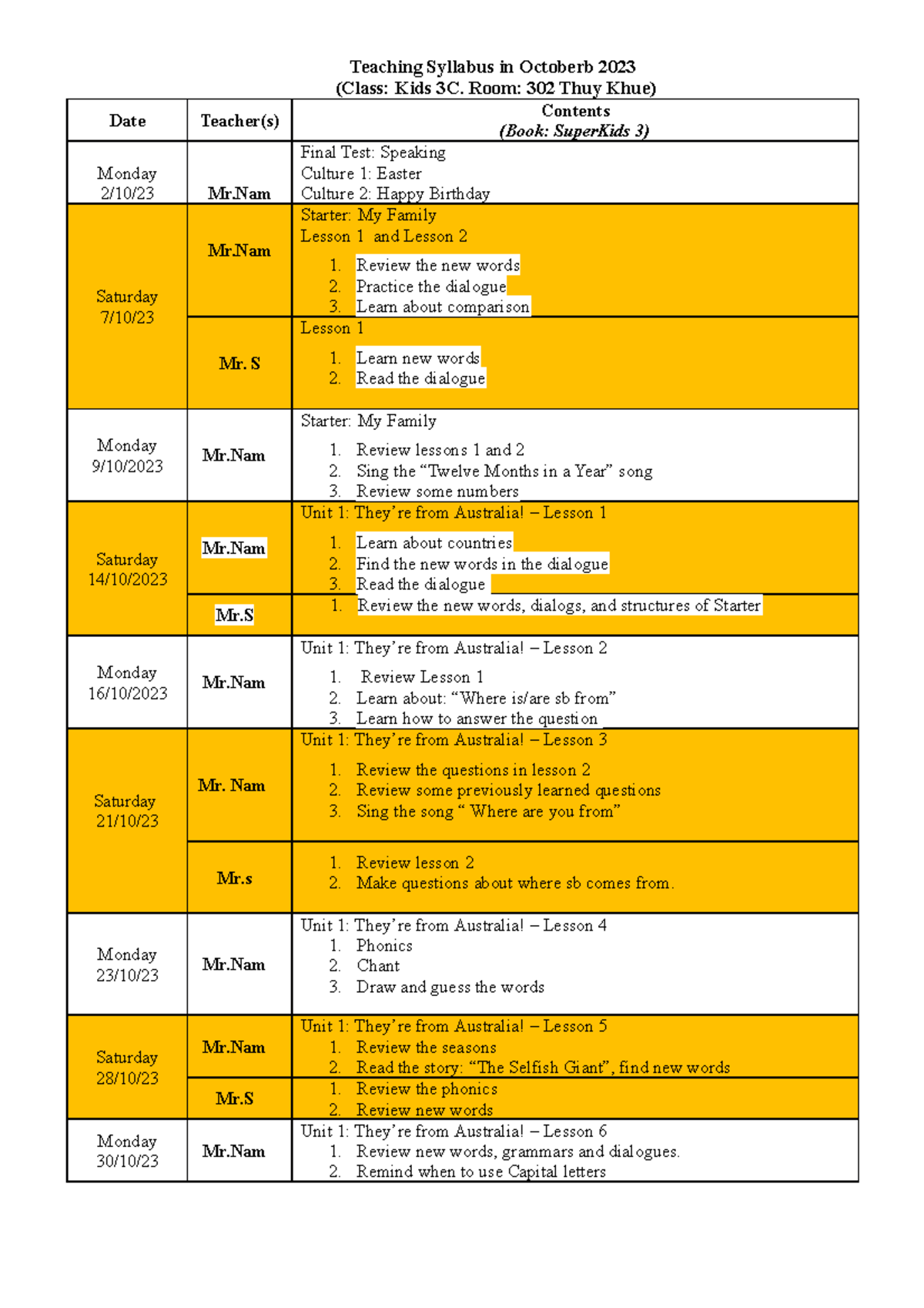 Teaching Syllabus - Kids 3C - October 2023 - Teaching Syllabus in ...