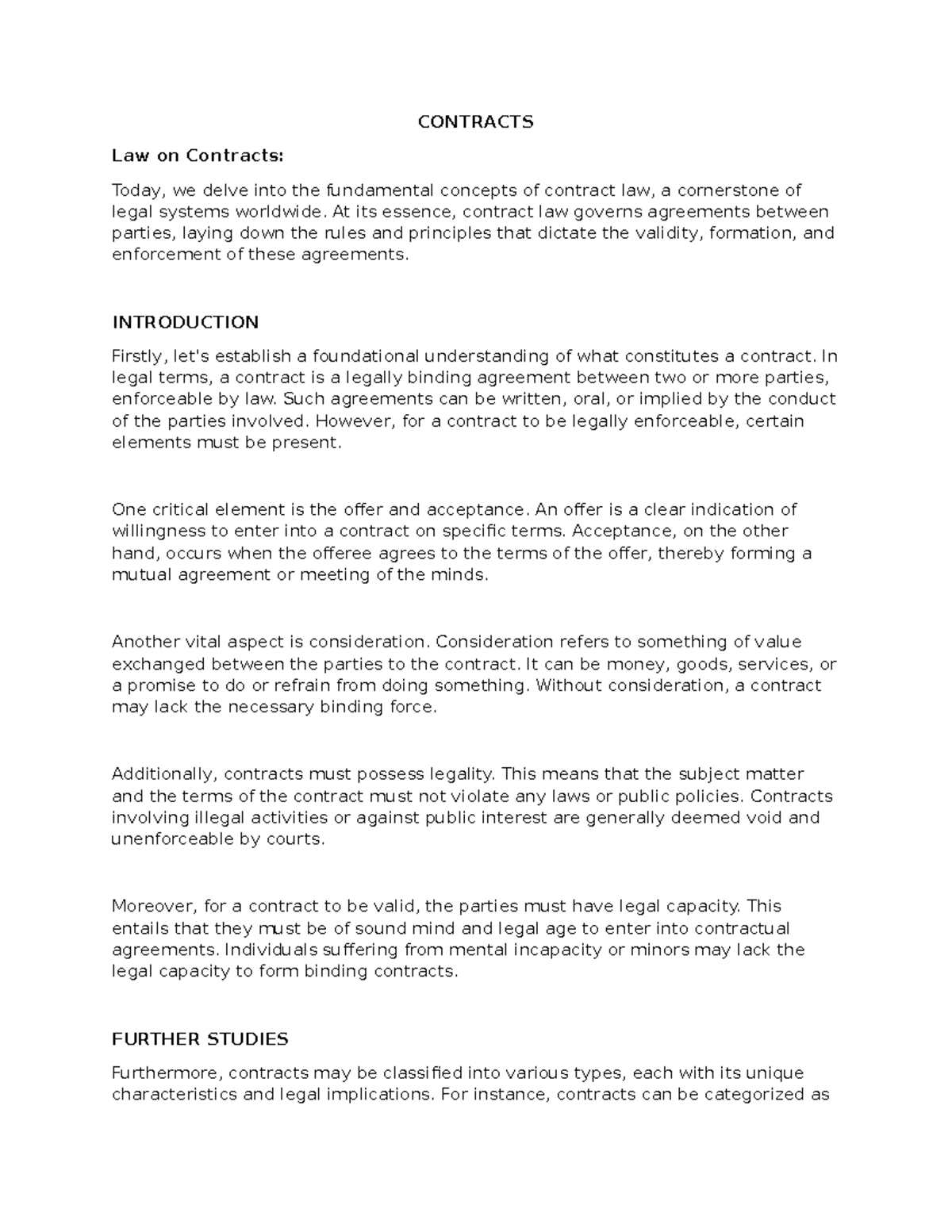 Contracts-Essay - CONTRACTS Law on Contracts: Today, we delve into the ...