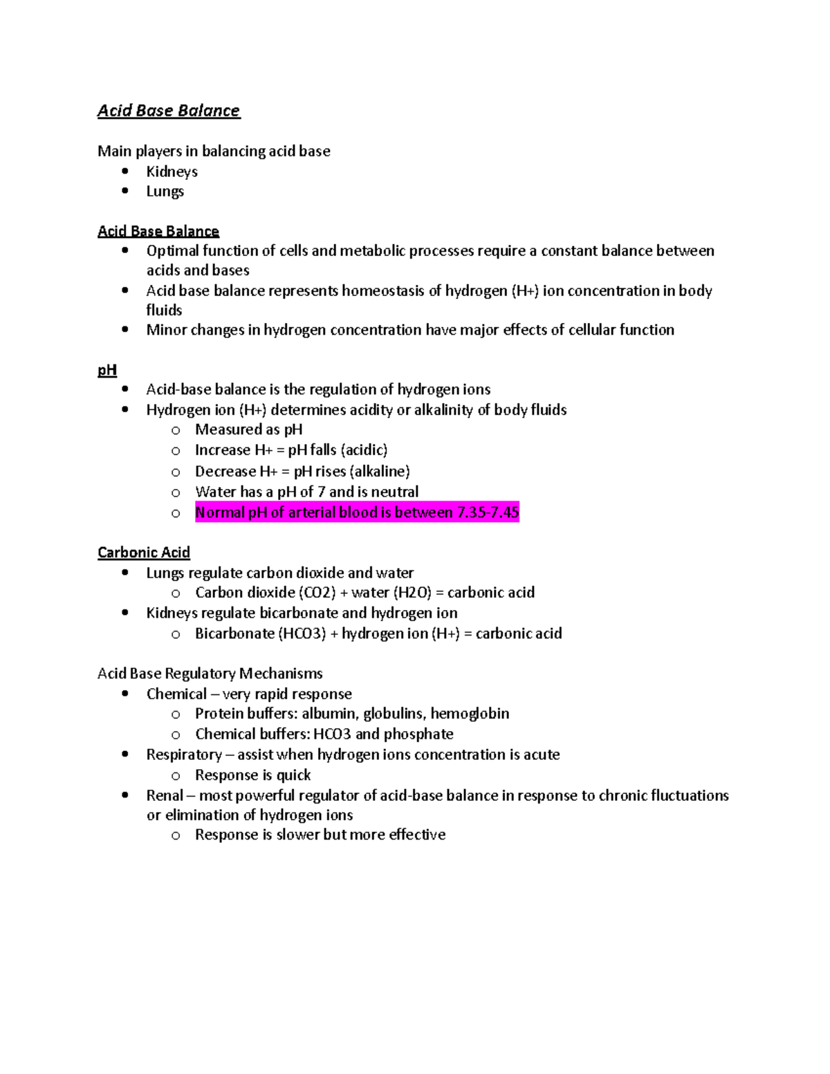 Acid base - 112 lecture notes - Acid Base Balance Main players in ... Acid base - 112 lecture notes - Acid Base Balance Main players in ...