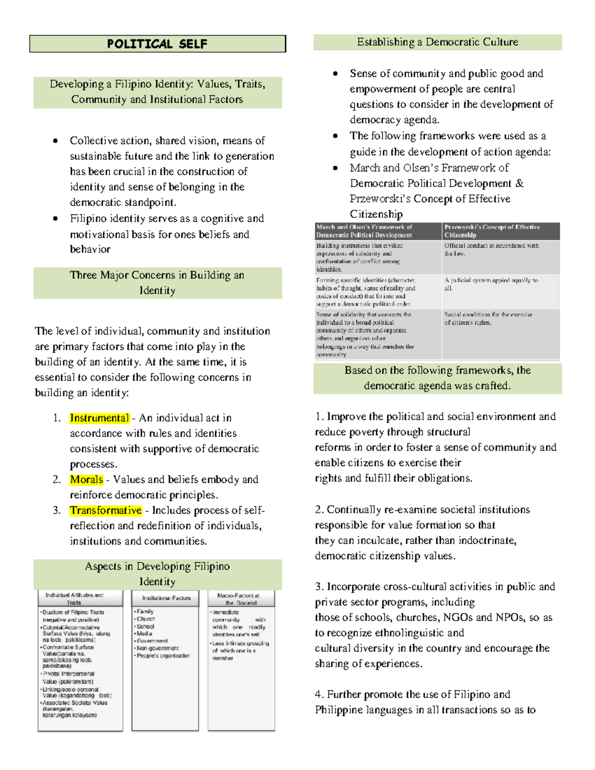 UNDS Finals - POLITICAL SELF Developing a Filipino Identity: Values ...