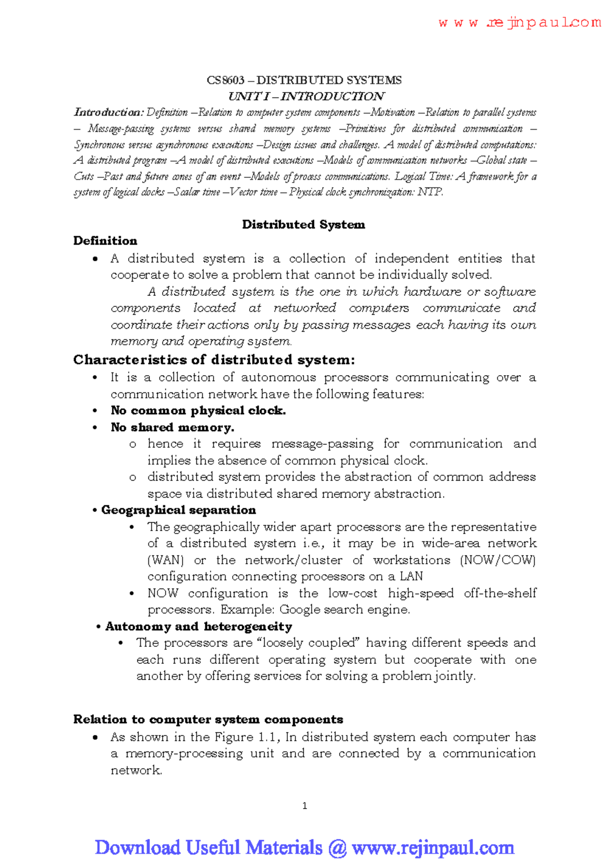 DS UNIT1 - Distributed System - 1 CS8603 – DISTRIBUTED SYSTEMS UNIT I – INTRODUCTION ...