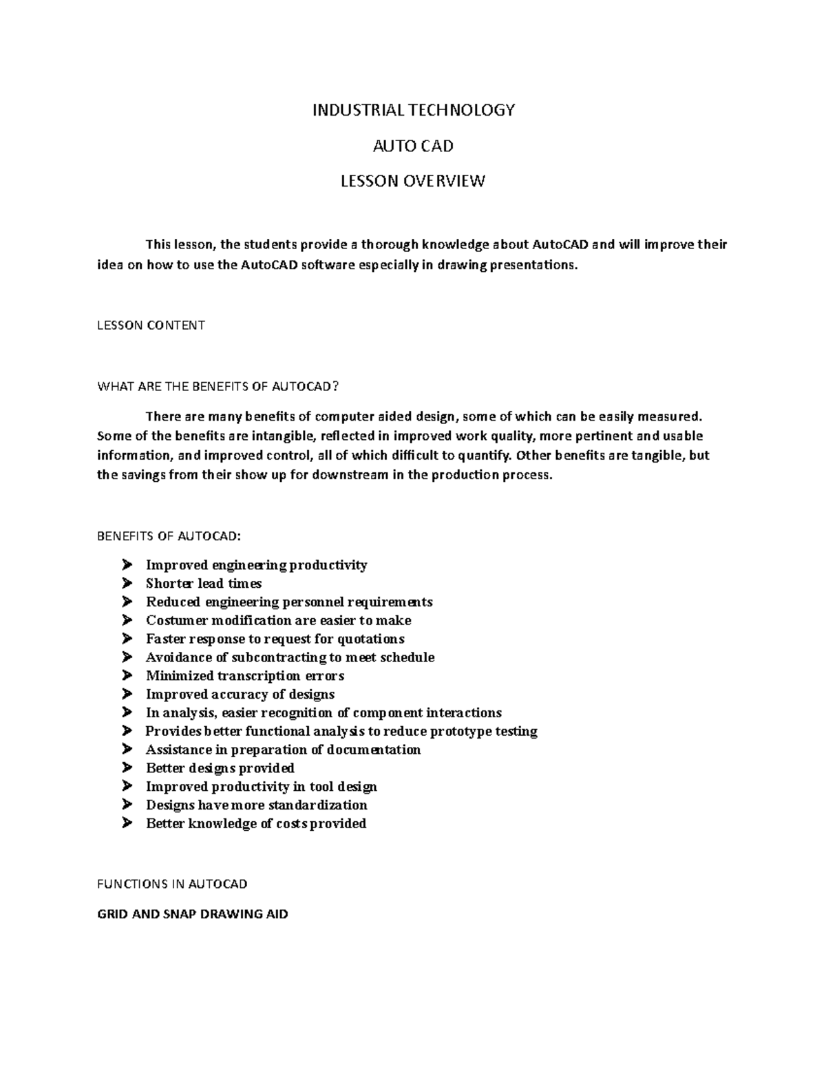 Industrial Technology AUTO CAD Lesson - INDUSTRIAL TECHNOLOGY AUTO CAD ...