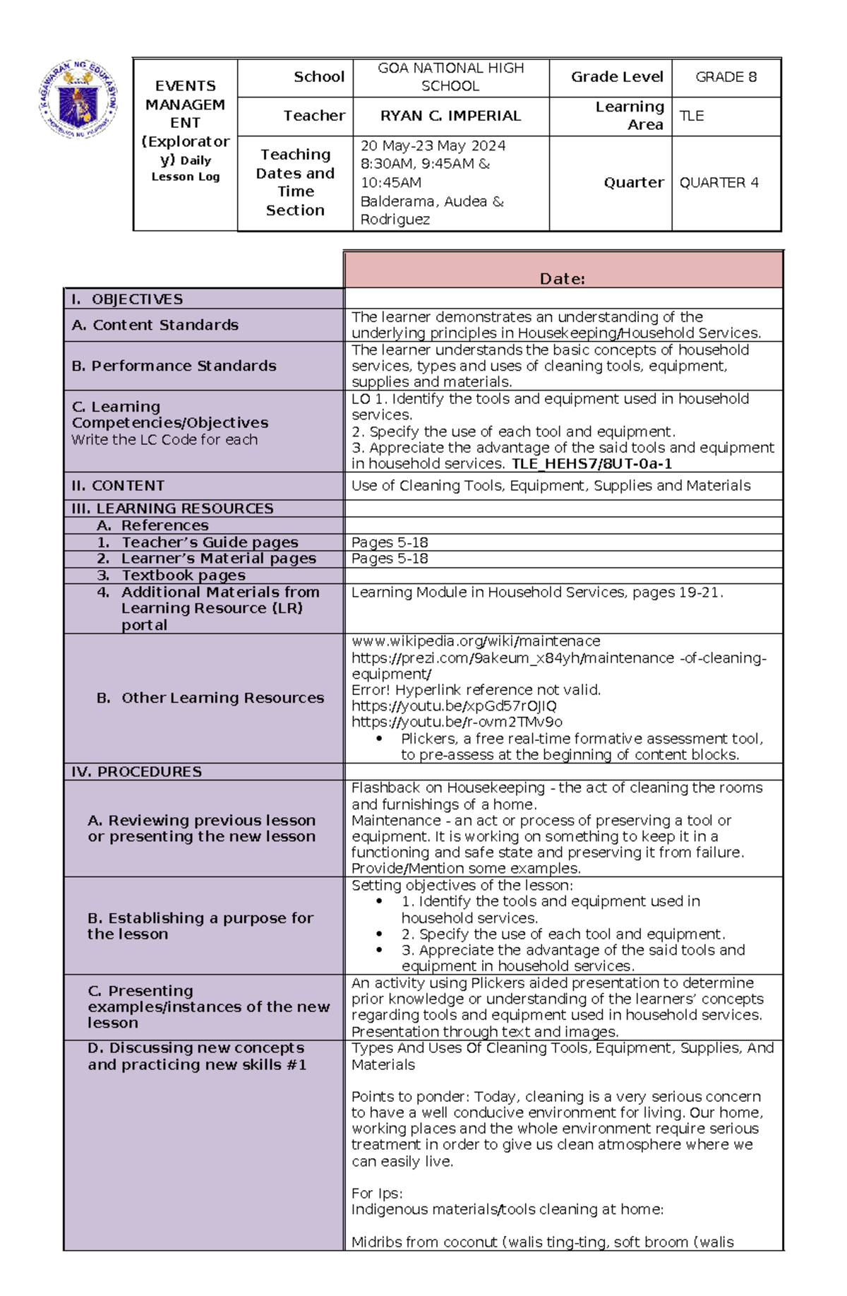 DLL in Household Services M1 L1 - EVENTS MANAGEM ENT (Explorator y) Daily Lesson Log School GOA ...