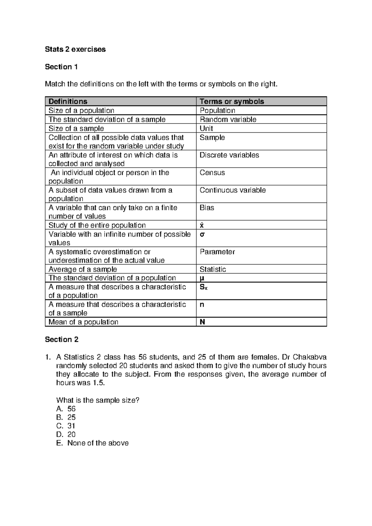 Stats 2 questions pdf - Stats 2 exercises Section 1 Match the definitions on the left with the ...