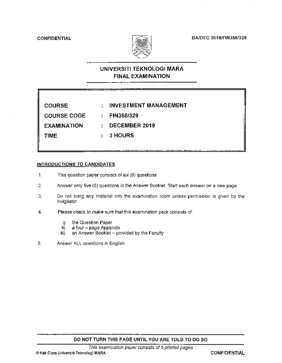 FIN358 DEC 2019 FIN 358 FIN358 FIN358 - CONFIDENTIALINTRODUCTIONS ...