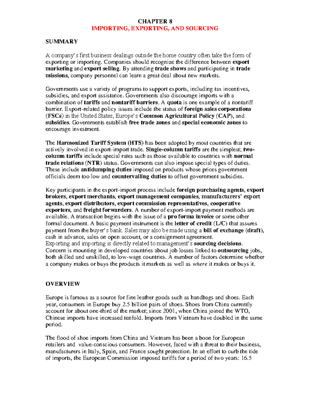 Ch08 Importing Exporting and Sourcing - CHAPTER 8 IMPORTING, EXPORTING, AND SOURCING SUMMARY A ...