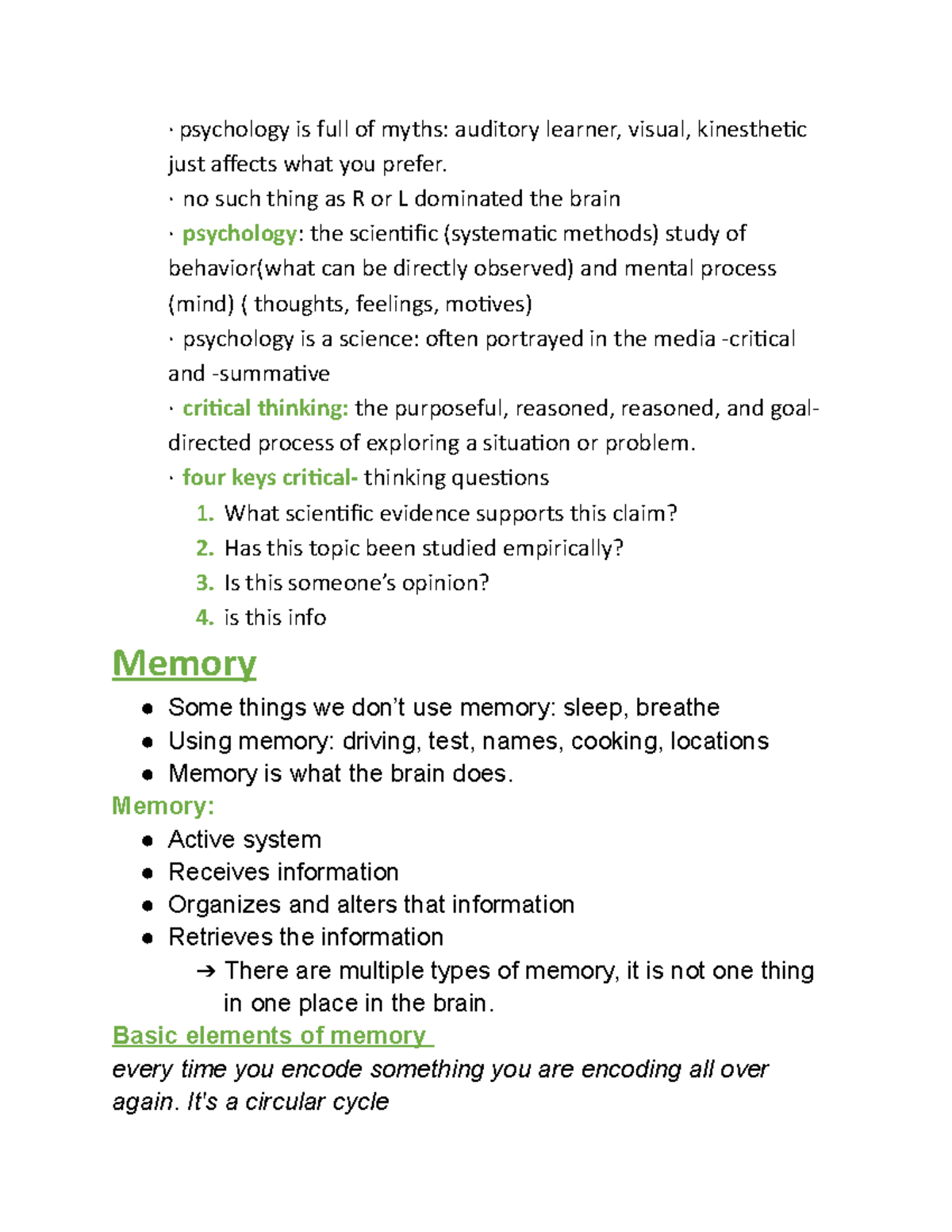Psychology ch. 7 memory - · psychology is full of myths: auditory ...