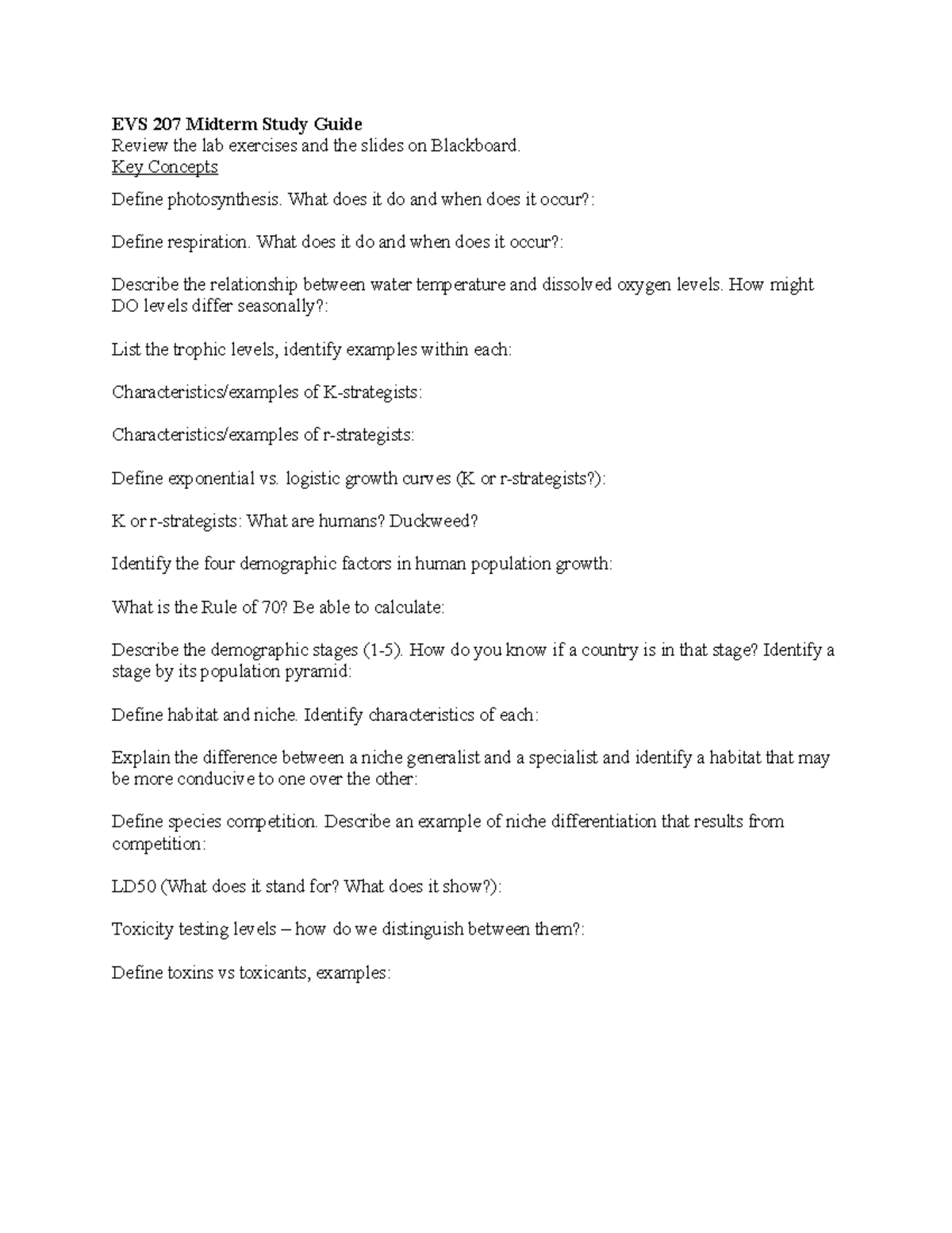 EVS 207 Midterm Study Guide F23 - EVS 207 Midterm Study Guide Review the lab exercises and the ...