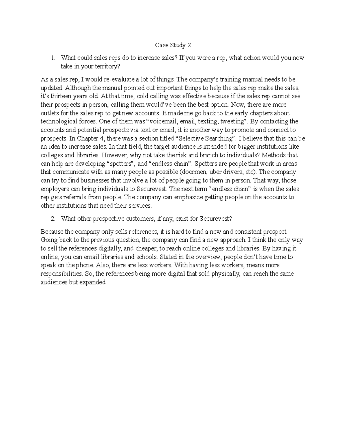 Mini Case Study 2 - Assignment - Case Study 2 What could sales reps do ...