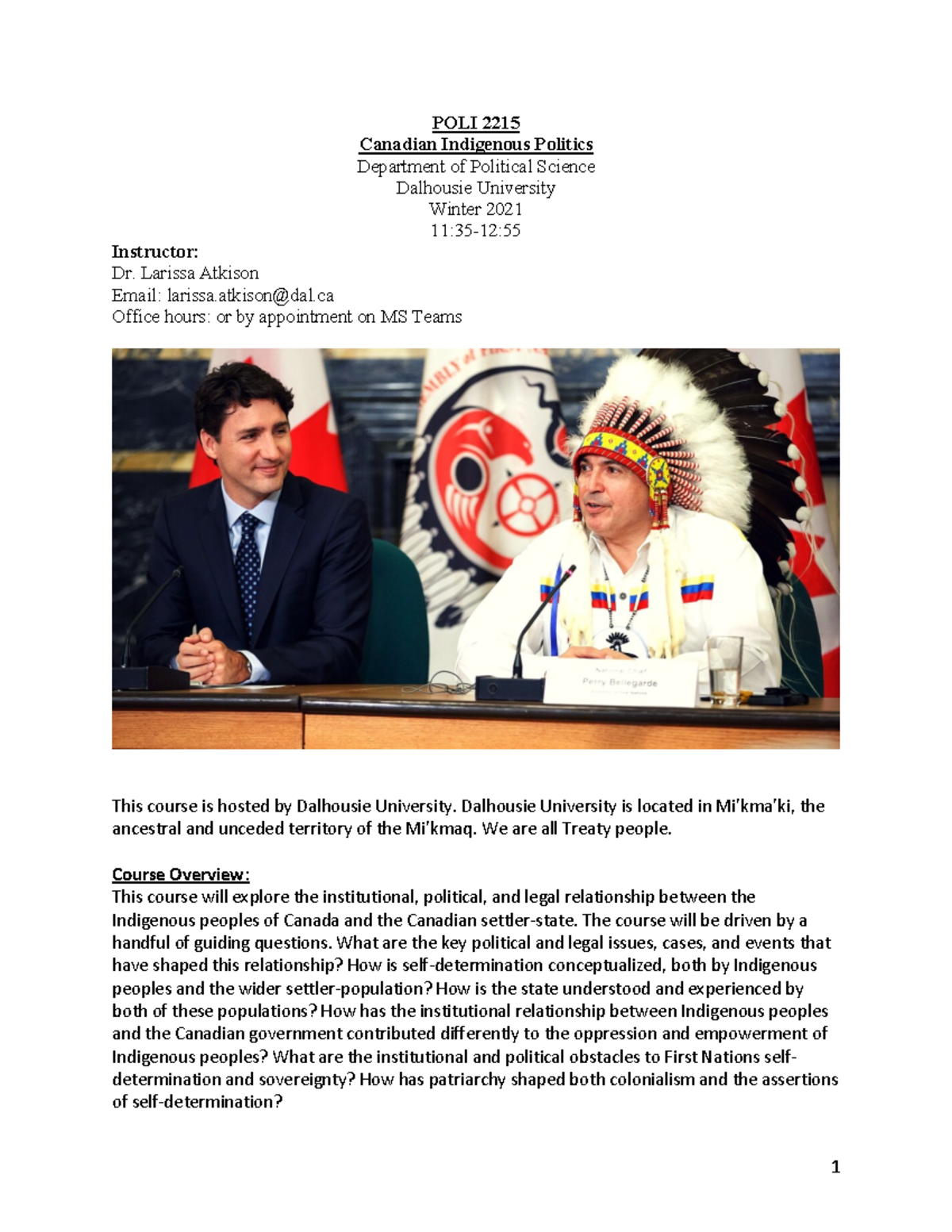 2019-2020 - 2250 Politics - POLI 2215 Canadian Indigenous Politics ...