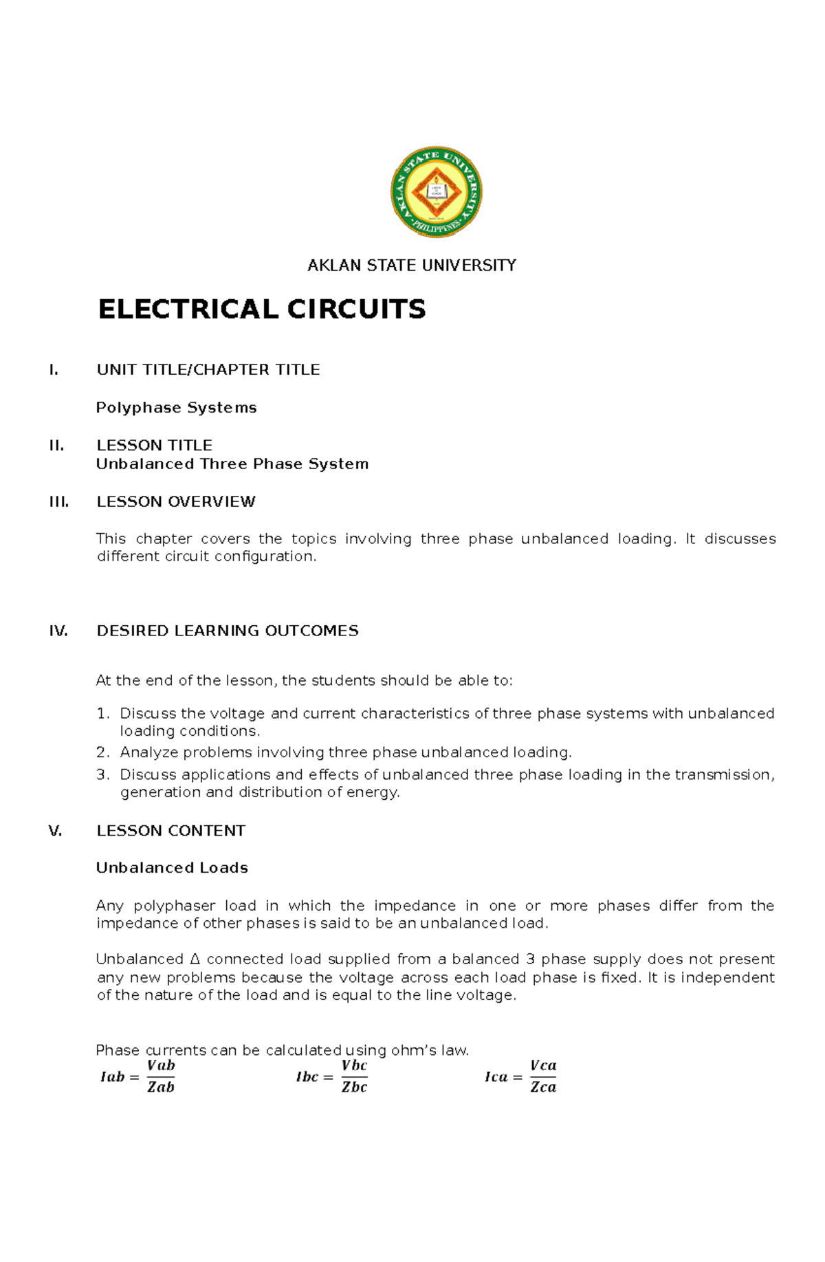 Electrical Circuits 1 Polyphase Systems Aklan State University 2774