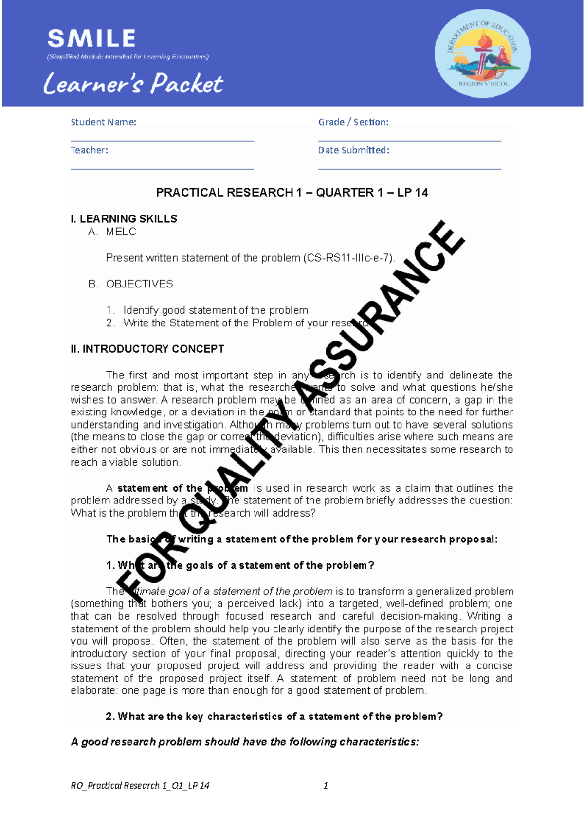 Practical- Research 1 Q1 LP-14 - Student Name: Grade / Section: Teacher: Date Submitted ...