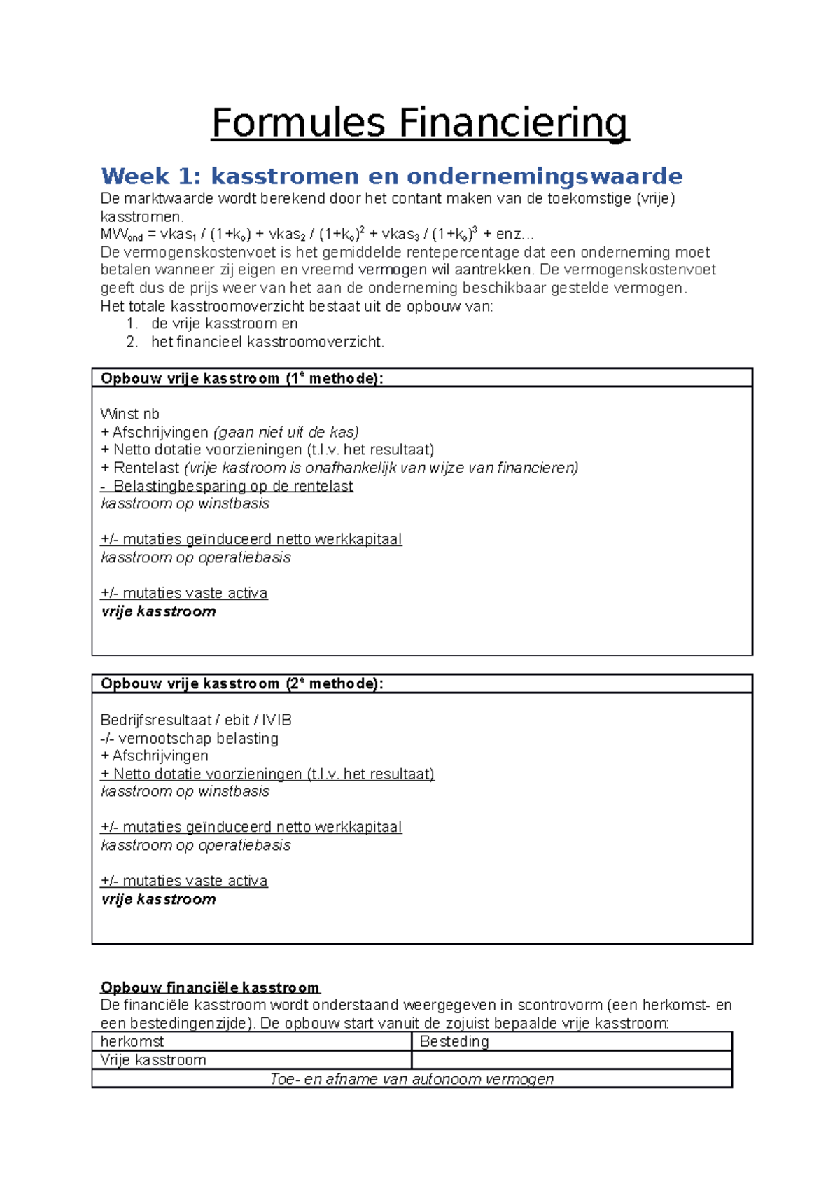 Formules Financiering 1 m5 - Formules Financiering Week 1: kasstromen ...
