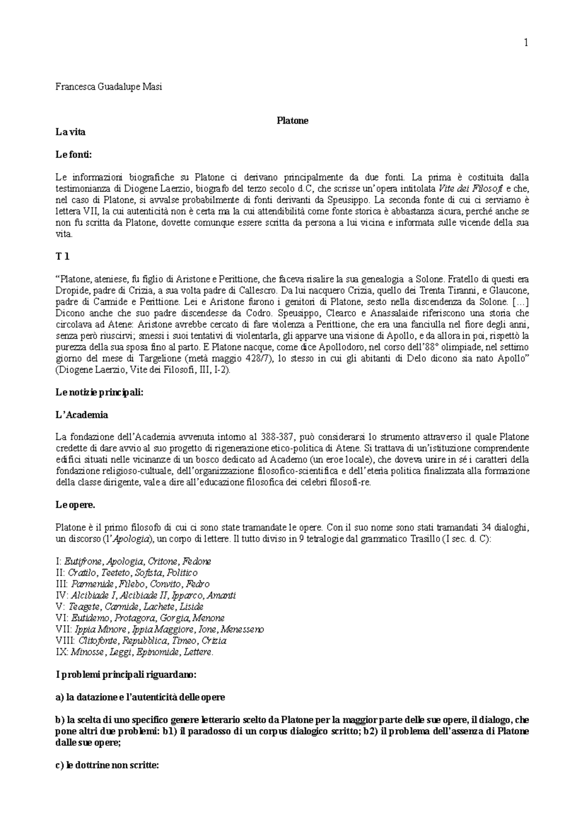 Platone (1) - Riassunto Filosofia e teoria dei linguaggi - Francesca ...